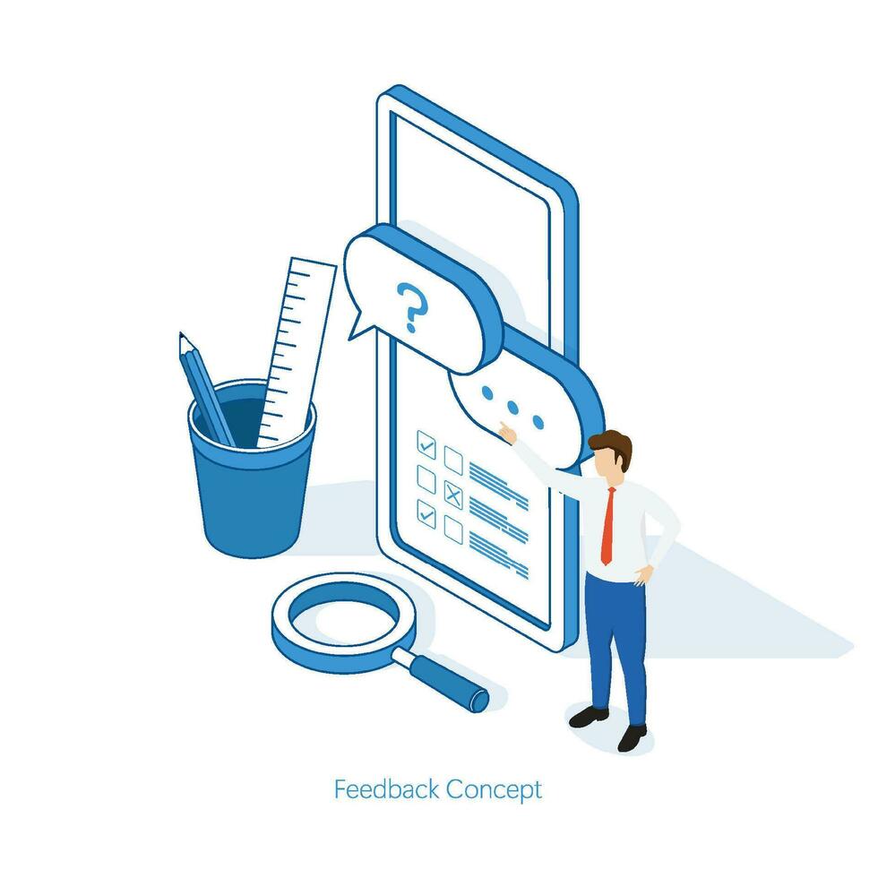 Customer satisfaction survey. Character asking for a feedback to online helpdesk service. Survey ...