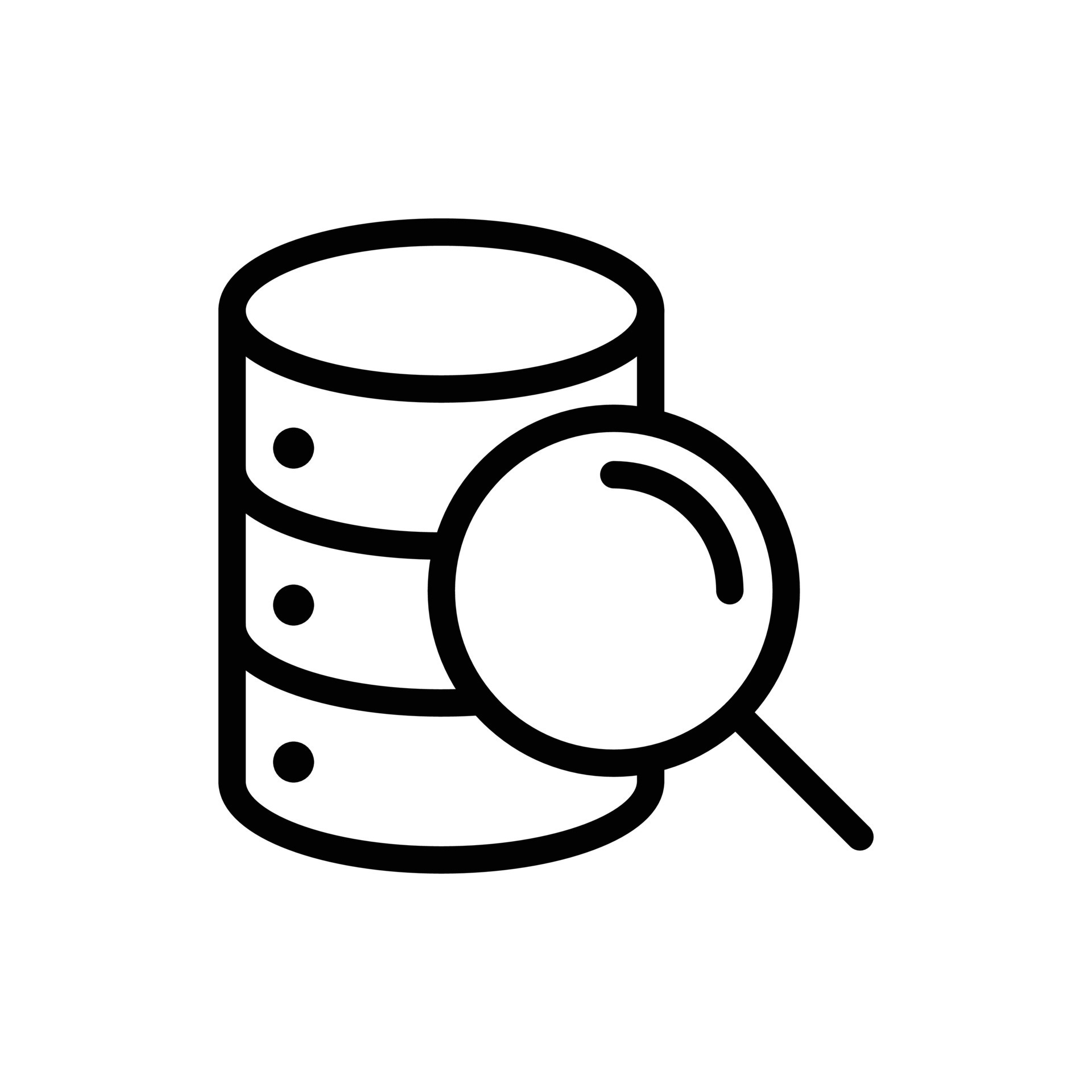 Search database, computer server and magnifying glass icon in line ...