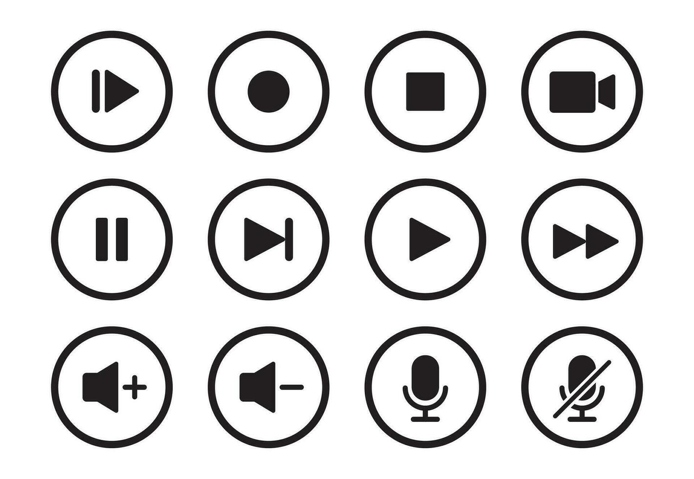 Audio, video, music player button icon. Sound control, play, pause button solid icon set. Camera ...