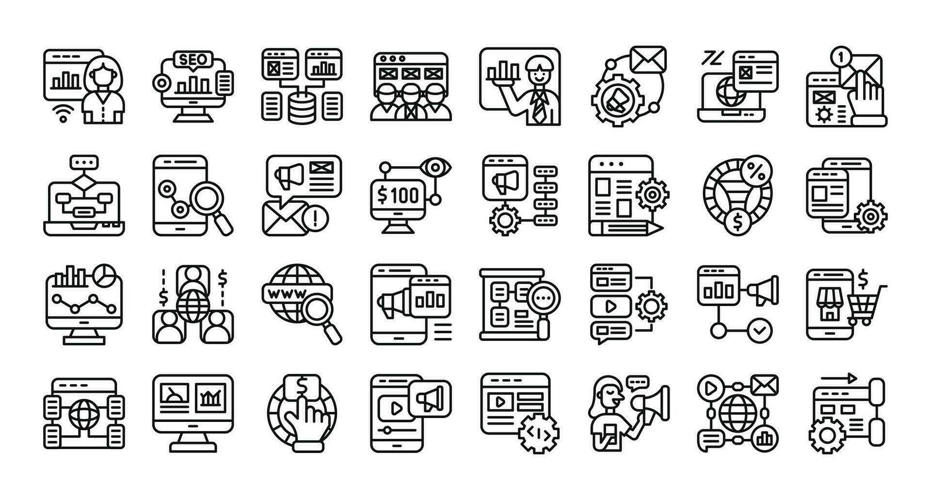 Online marketing outline icons set. The collection includes business and development ...