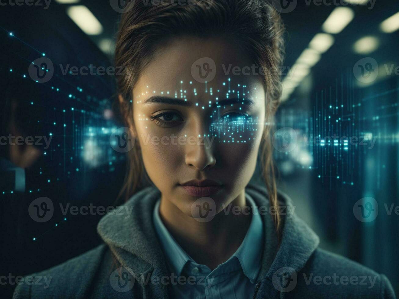 Portrait of serious businesswoman looking at camera against binary code ...