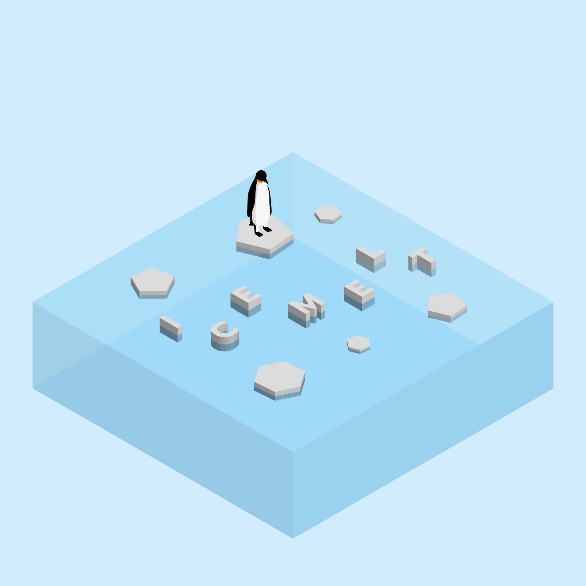 Penguin on a floating glacier text word ICE MELT. Global warming and ...