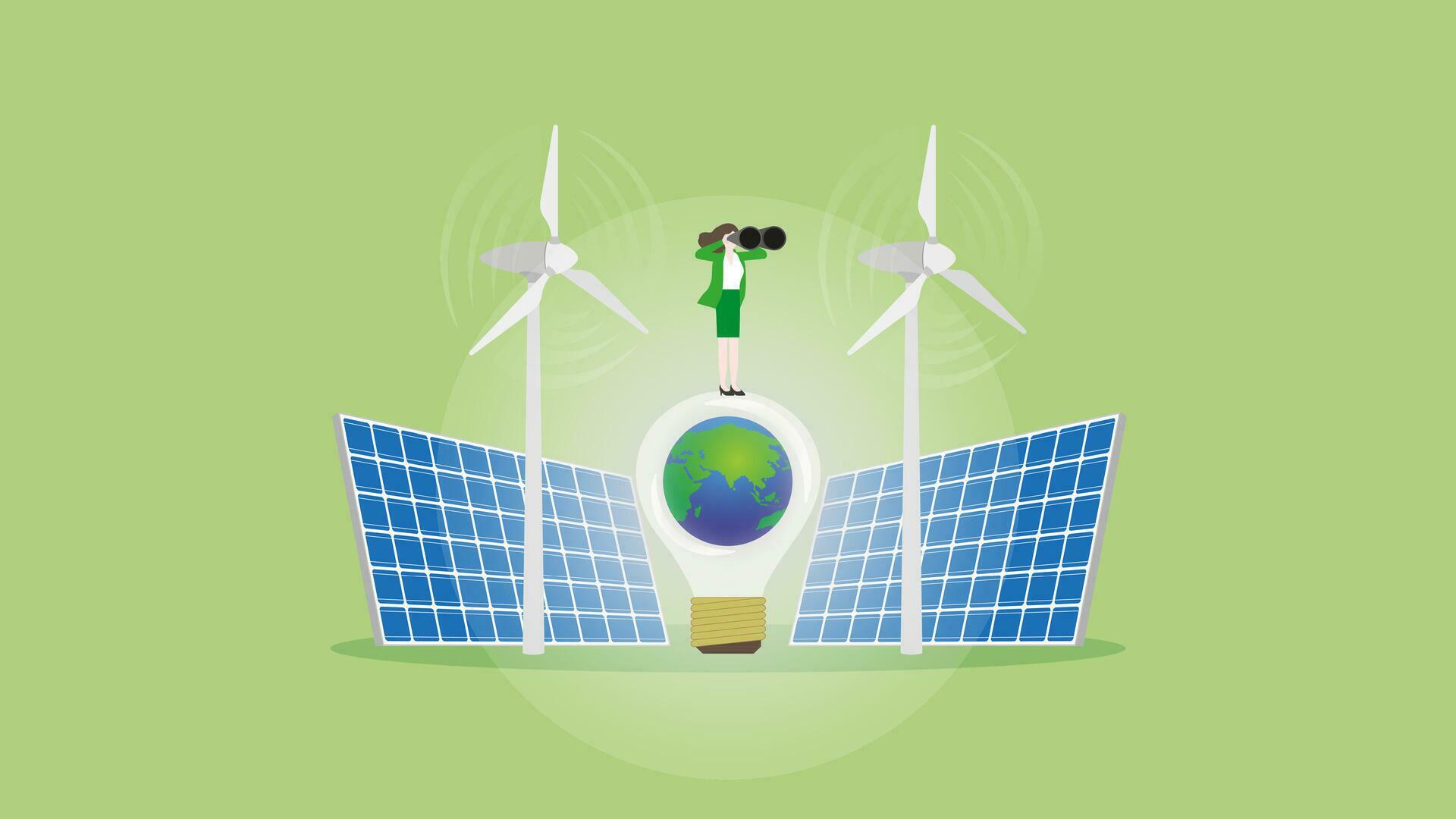 Visionary Businesswoman Uses Binoculars On The World Light Bulb Wind