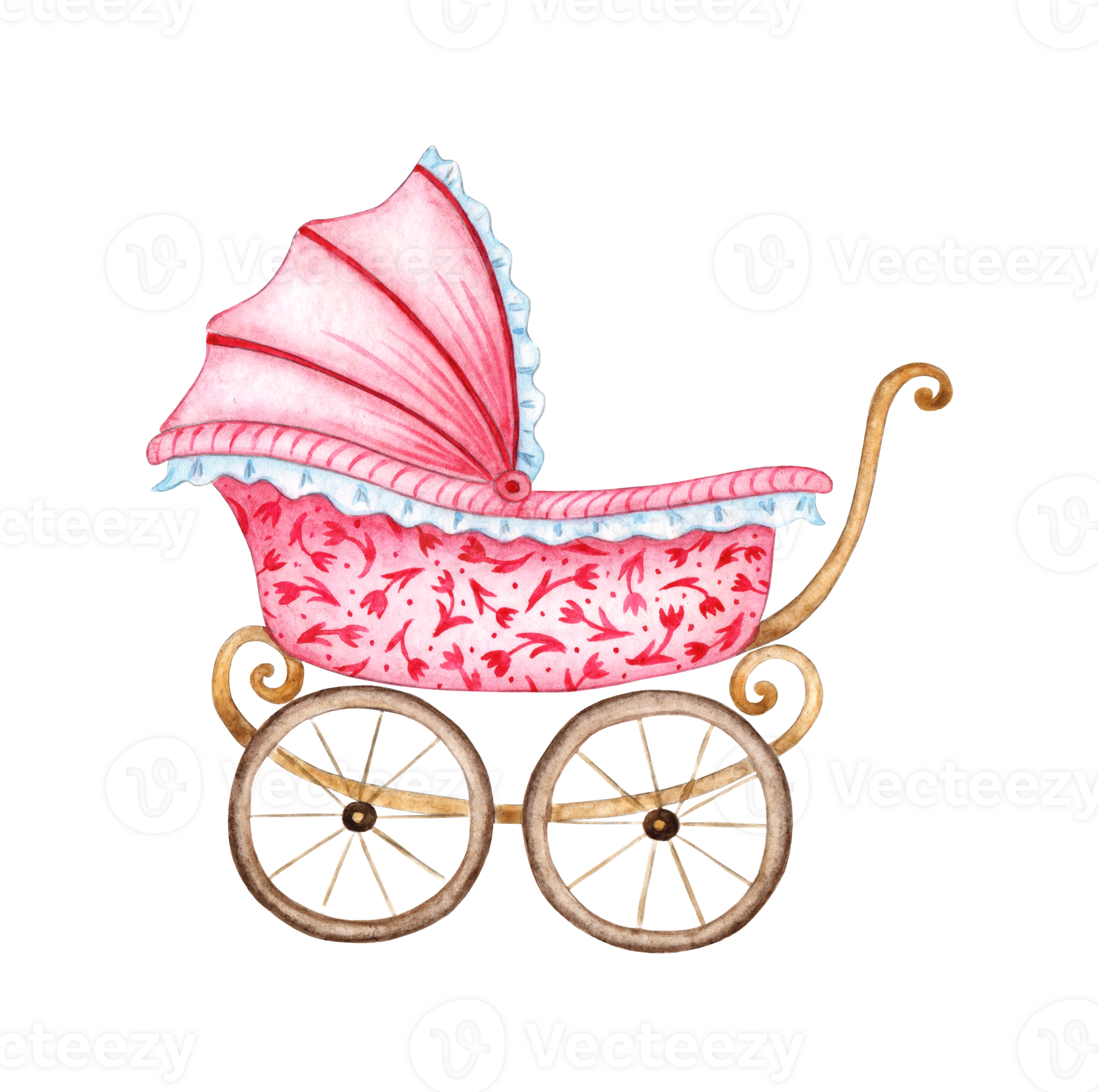 Watercolor illustration Baby pink stroller, newborn vehicle, stroller drawing with flowers, baby ...