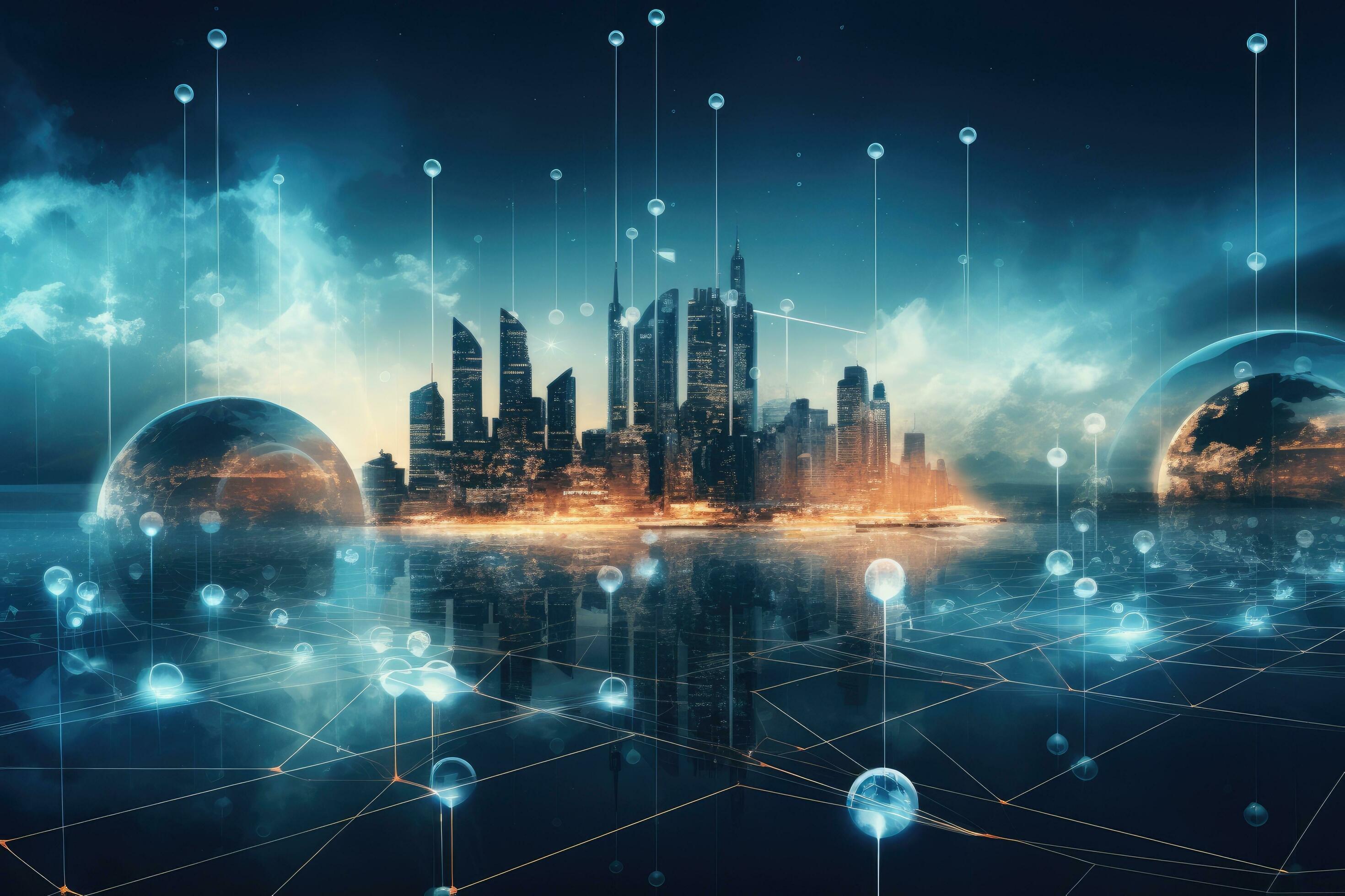 Futuristic City And Network Connection Concept 3d Rendering Global Network Connection And