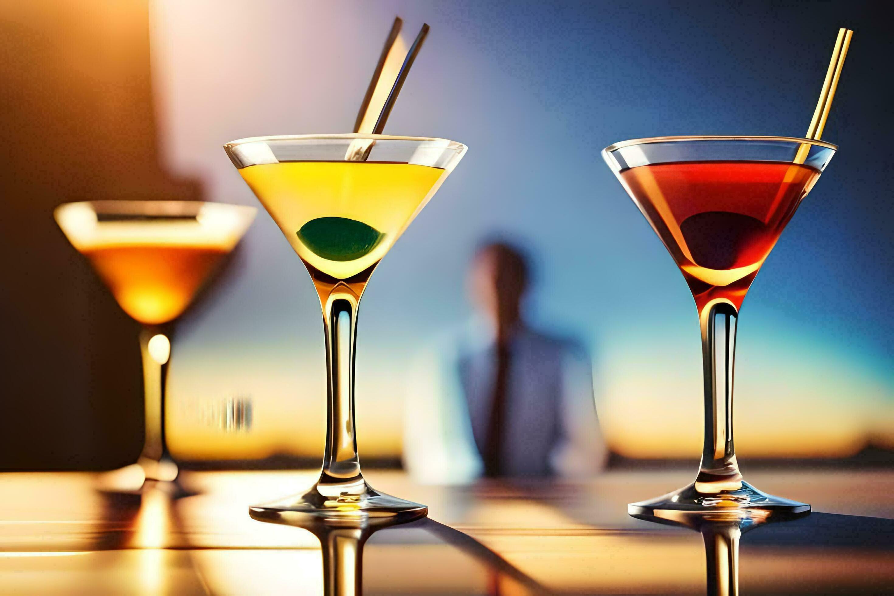 three martini glasses with different colored drinks. AI-Generated 32556897 Stock Photo at Vecteezy