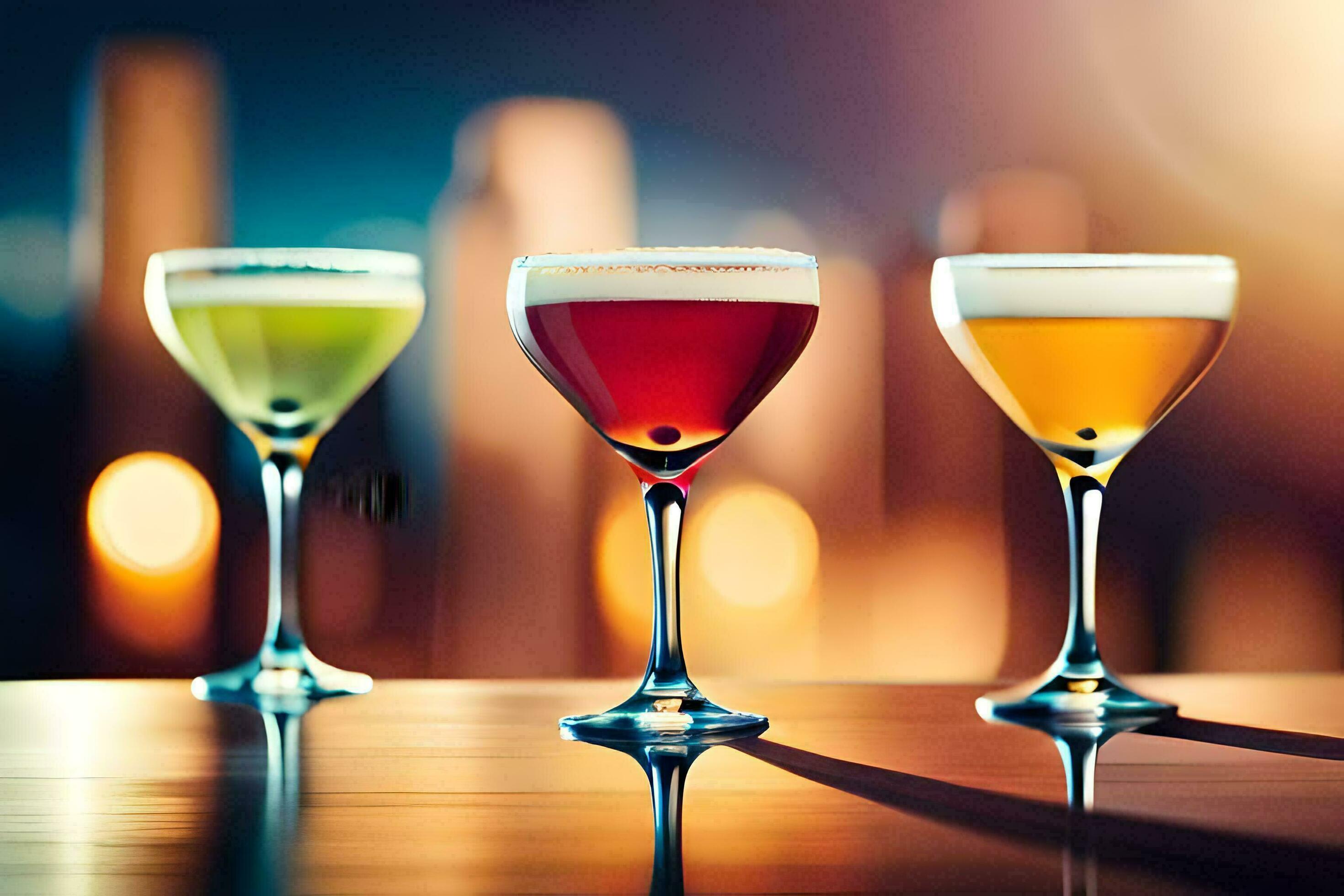 three different colored cocktails are shown on a table. AI-Generated ...