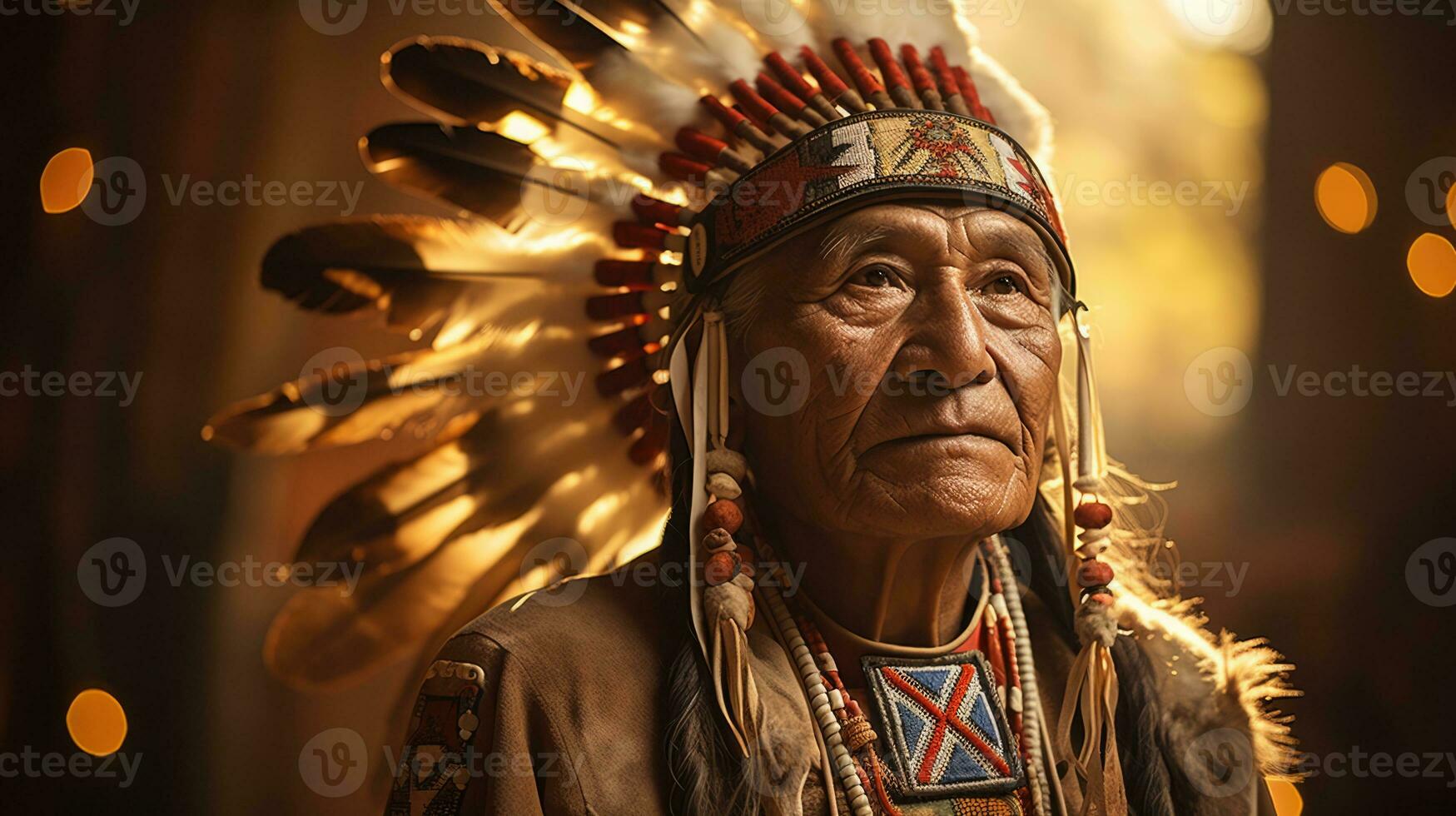 Native American Tribal Chief In Traditional Ceremonial Regalia Performing Ancestral Dance