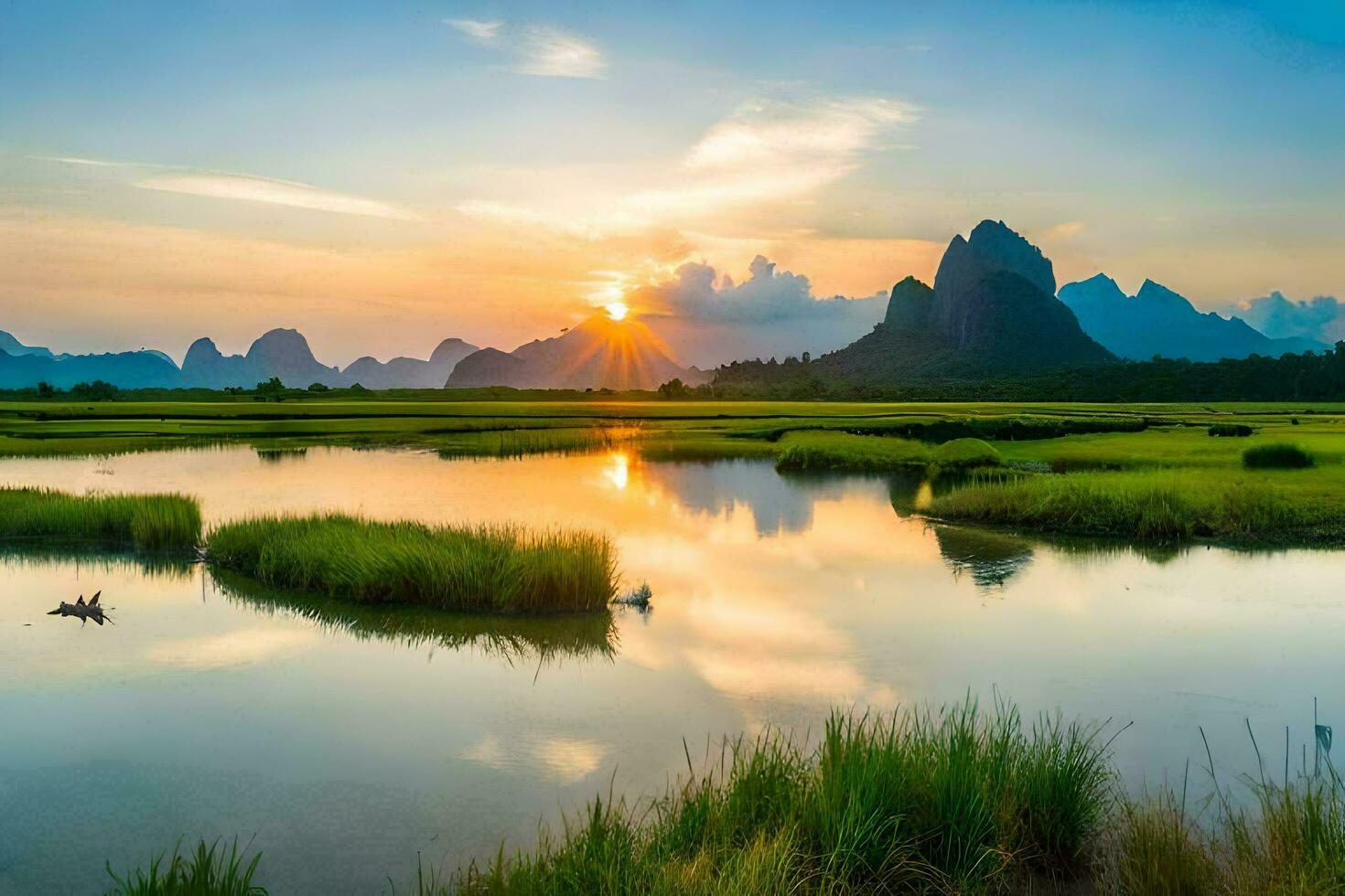 the sunrise over the li river, mountains, water, landscape, nature hd wallpaper. AI-Generated ...