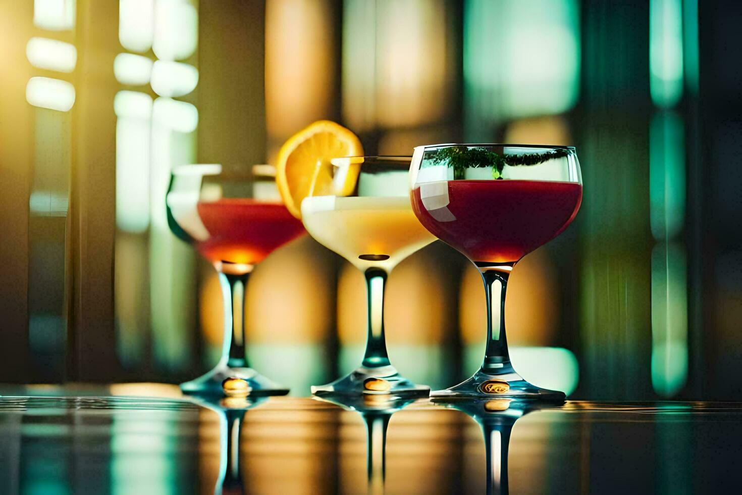 three glasses of different colored drinks on a table. AI-Generated 32581686 Stock Photo at Vecteezy