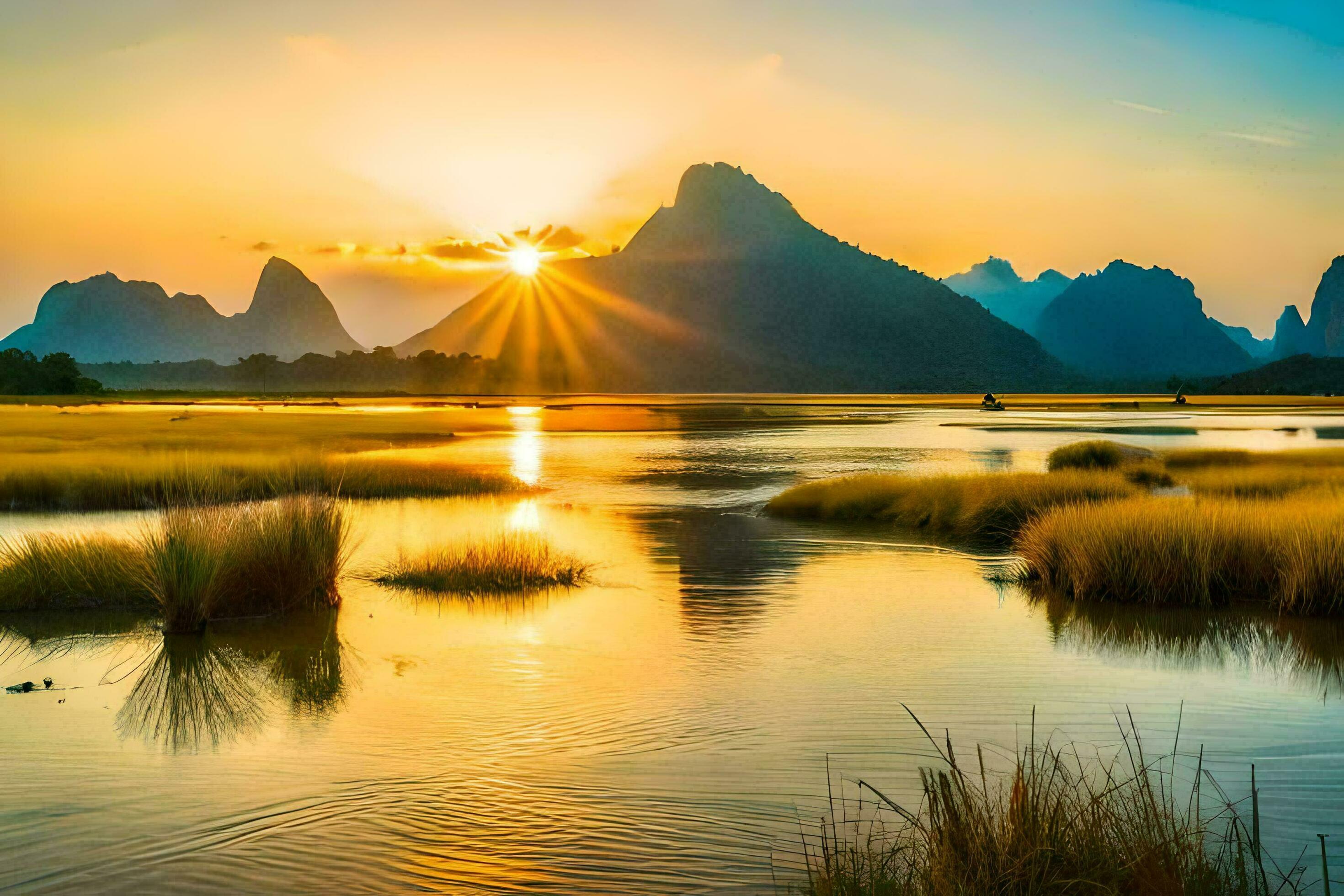 the sunrise over the li river, yangshuo, china. AI-Generated 32589383 Stock Photo at Vecteezy