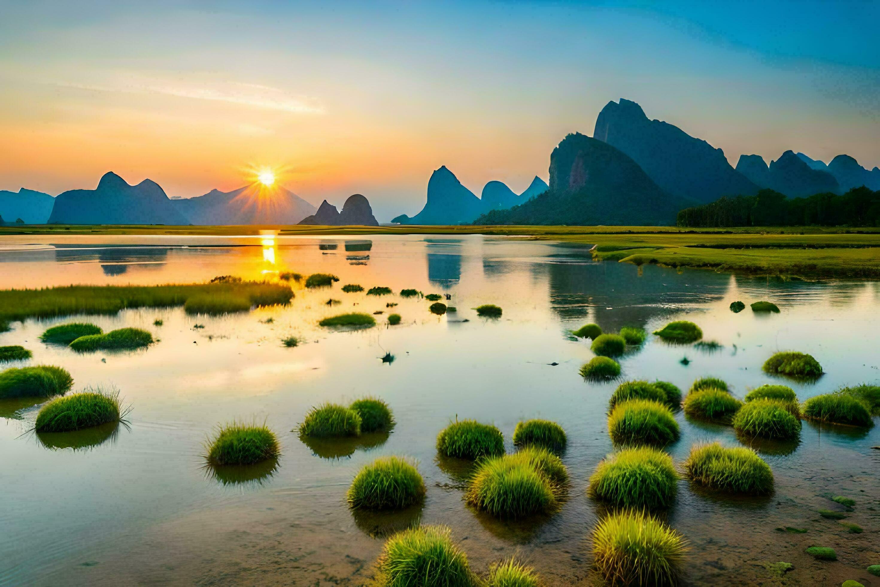 the li river, china, mountains, sunrise, landscape, nature, landscape photography, nature. AI ...