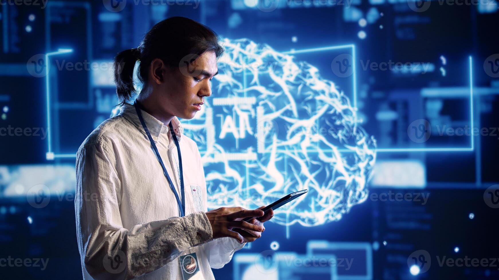 Focused Technician In Data Center Using Artificial Intelligence