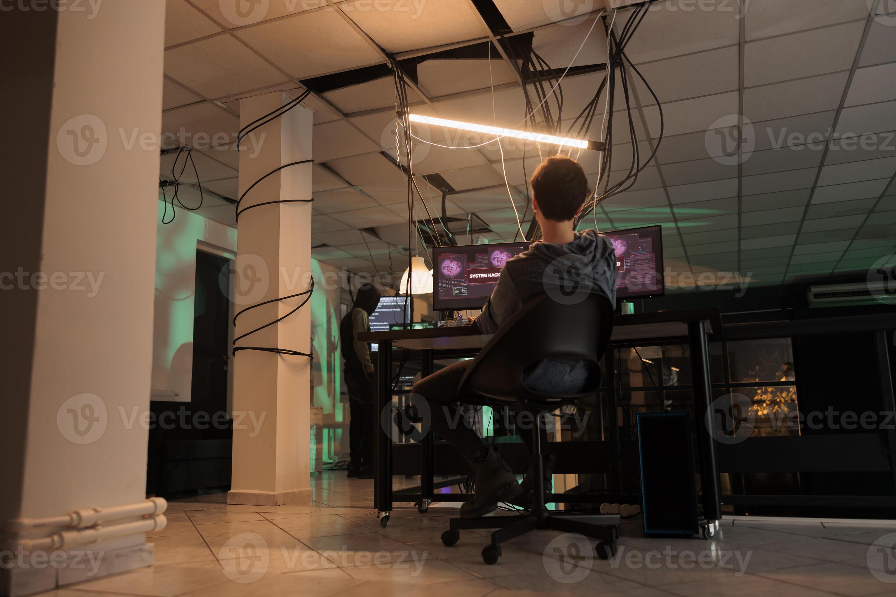 Female Hacker Working To Steal Server Passwords Coding Virus To Create