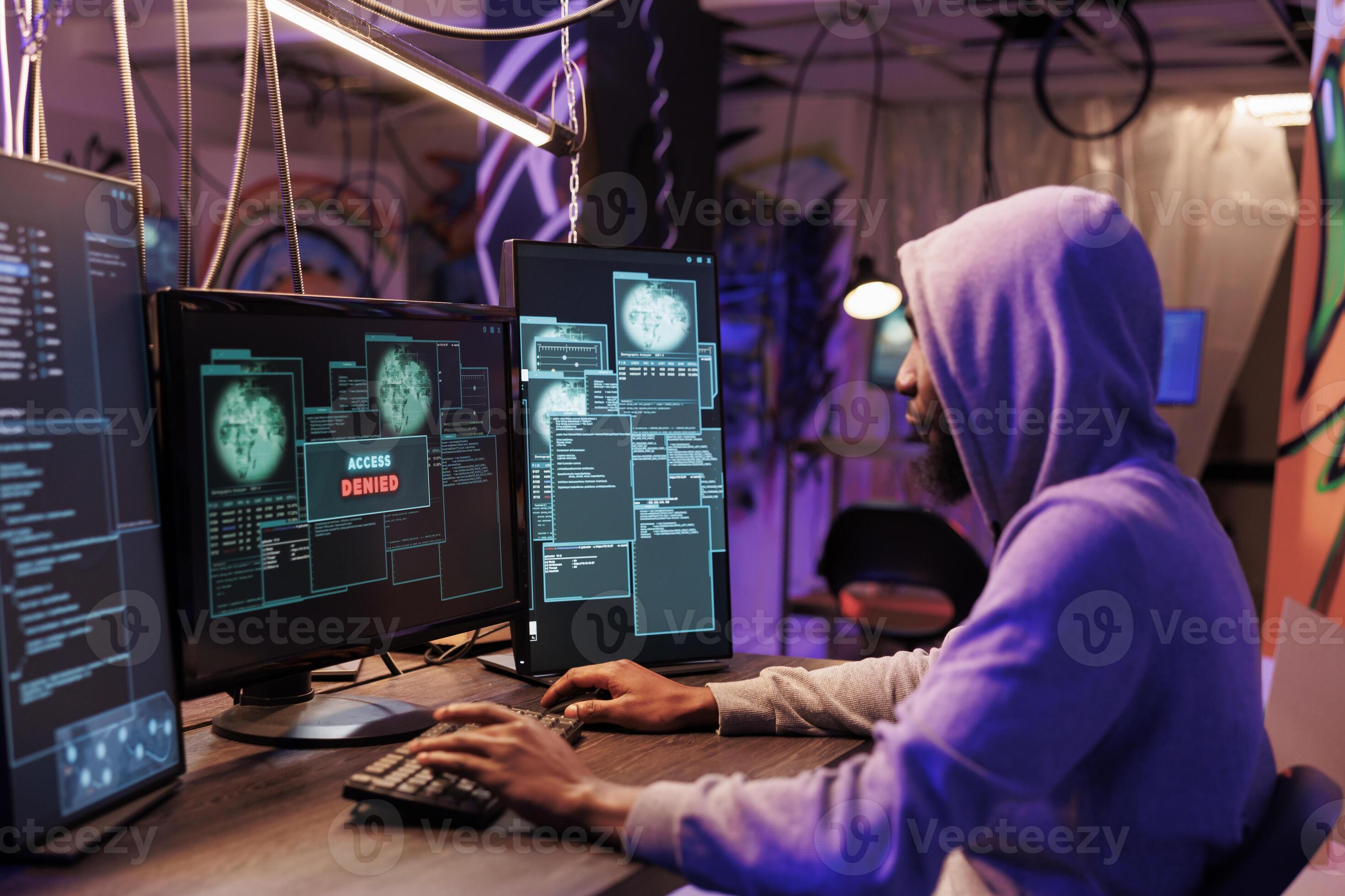 Hacker getting access denied after website password cracking unsuccessful attempt. African ...