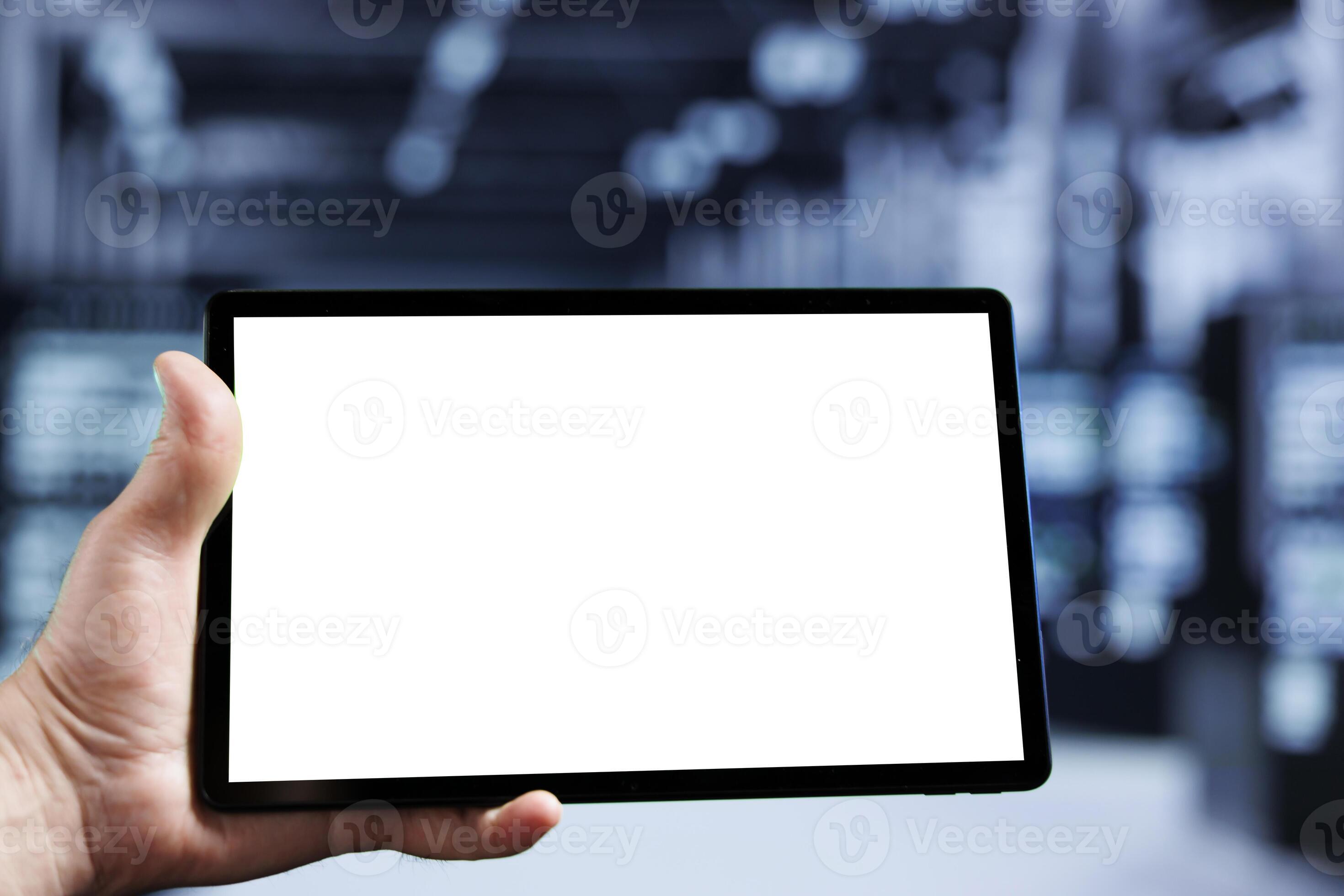 Skilled It Programmer Using Mock Up Tablet To Check Operational Server Clusters Close Up