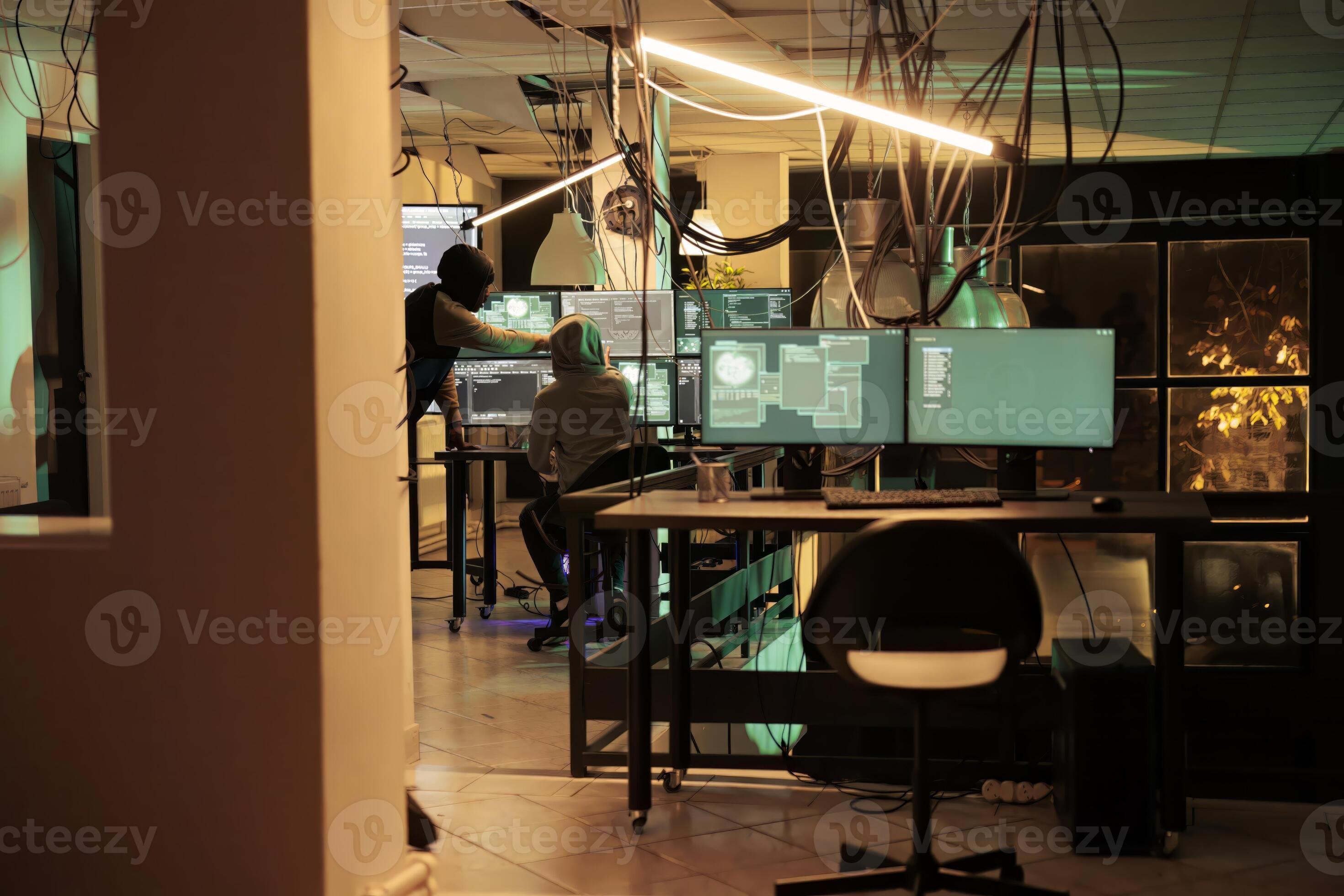 Hacker Malicious Software Code Running On Computer Screen Cyber Criminals Team Hacking Database