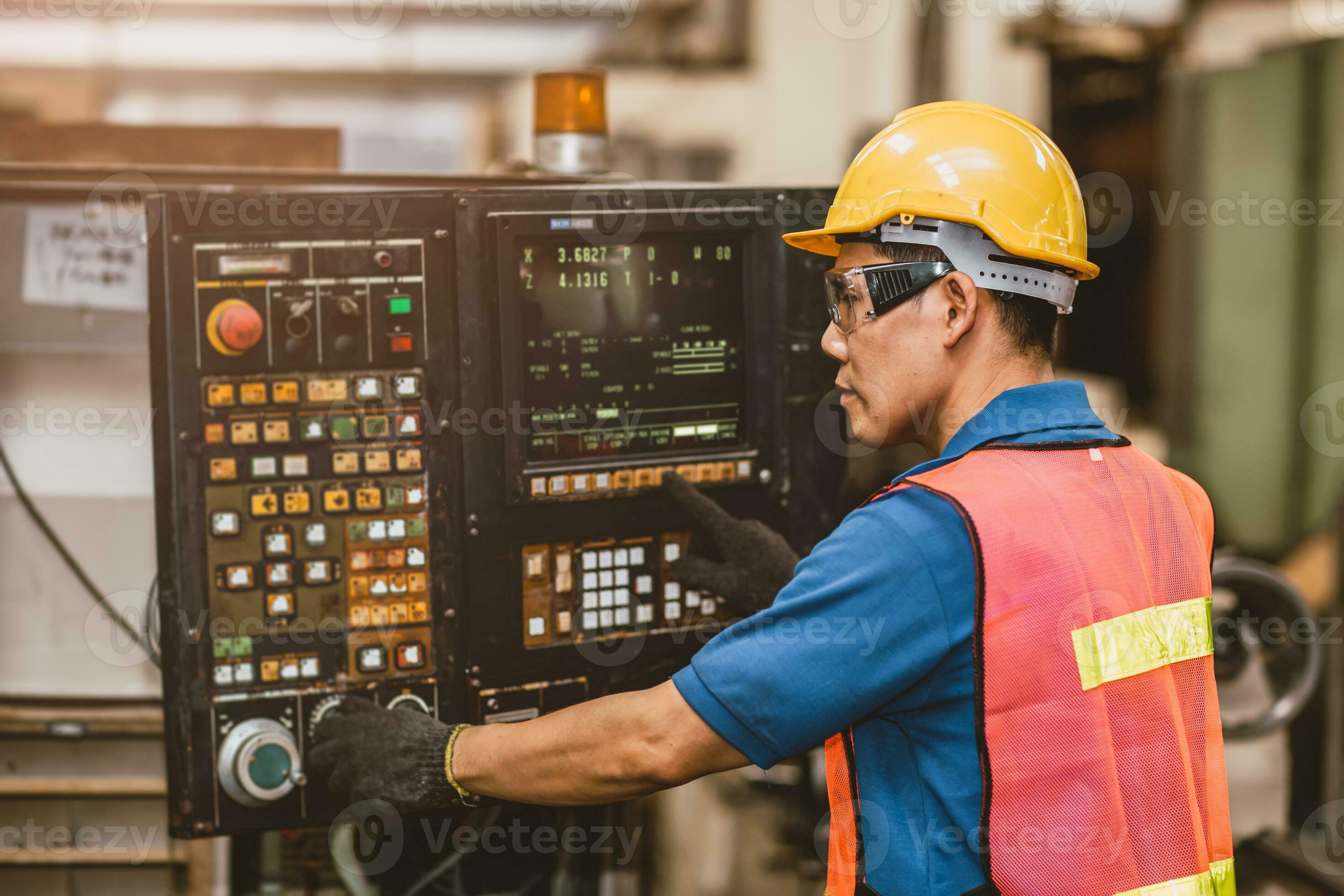 Asian worker work with Automated Digital Lathe CNC Metal Machine ...