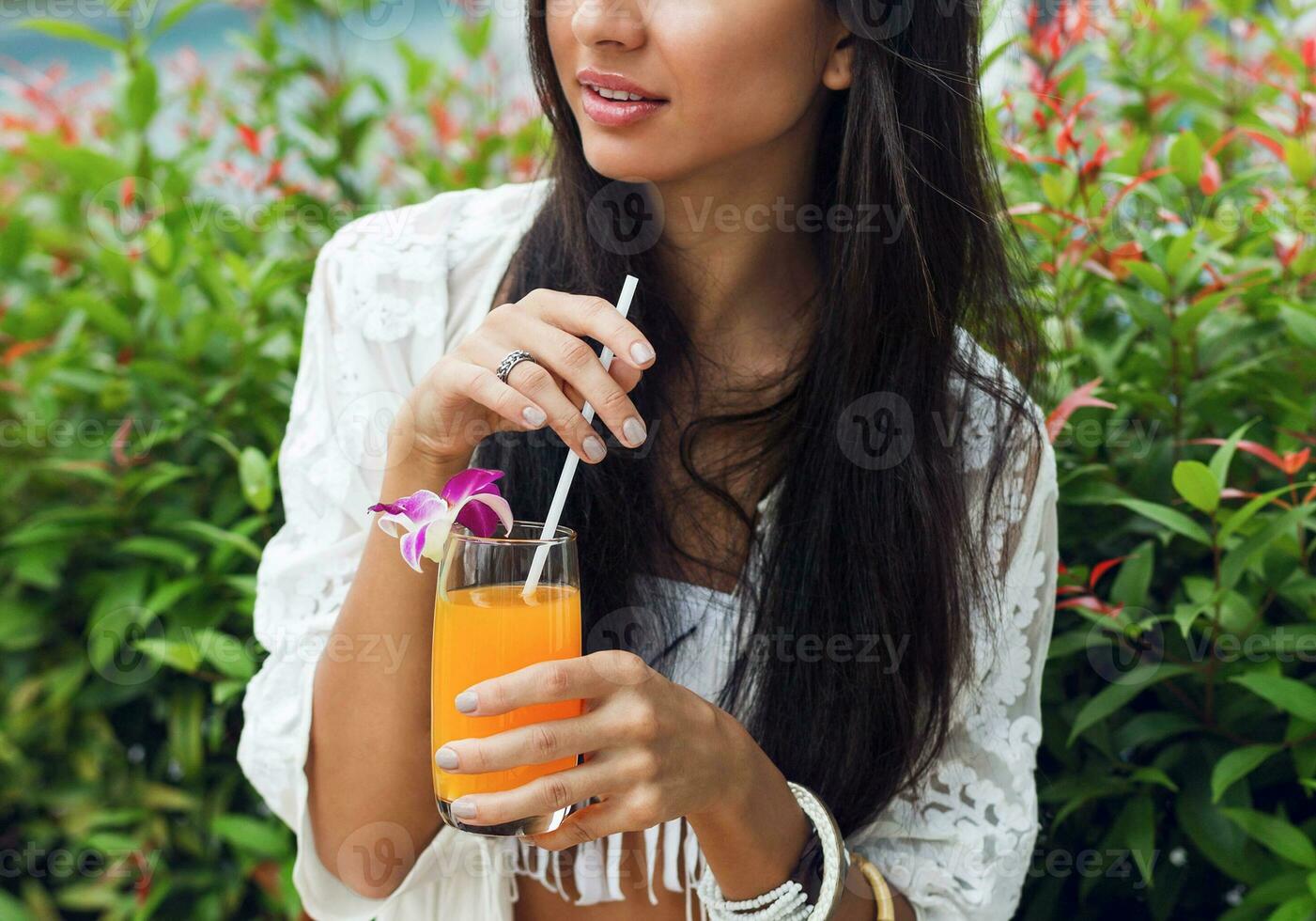 Sensual Young Happy Woman Relaxing With Tasty Fresh Orange Juice In