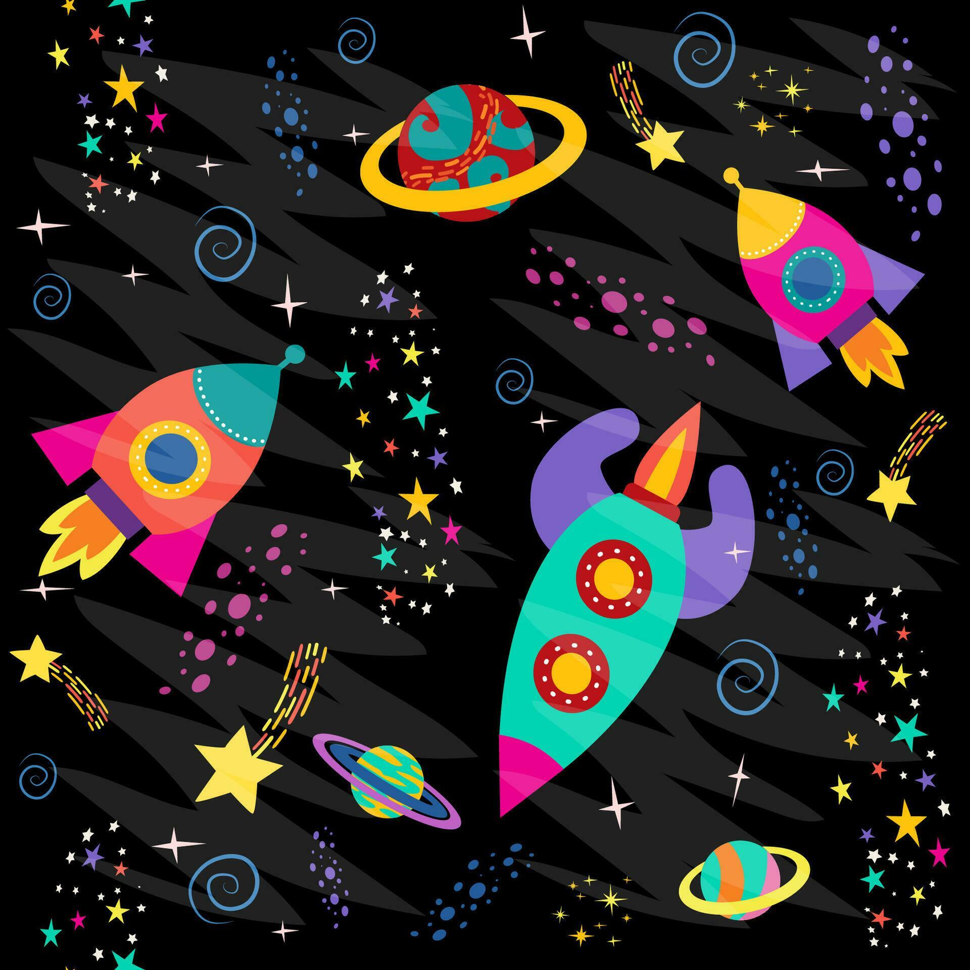 seamless pattern with space objects, planets, rockets, stars, comets, spaceships in cartoon ...