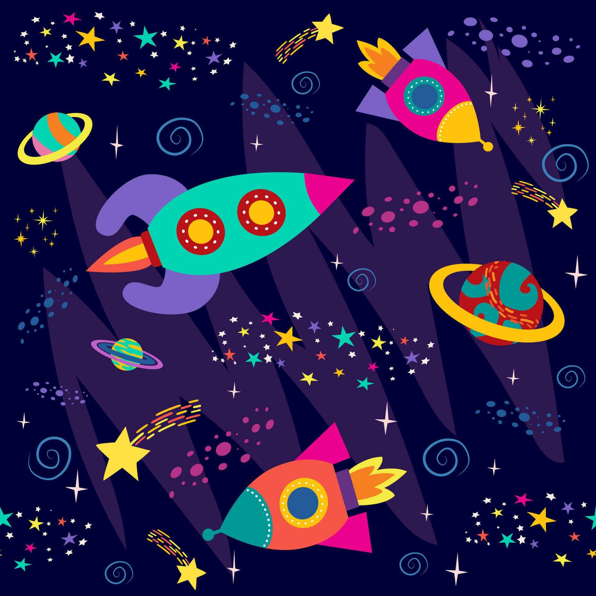 seamless pattern with space objects, planets, rockets, stars, comets, spaceships in cartoon ...