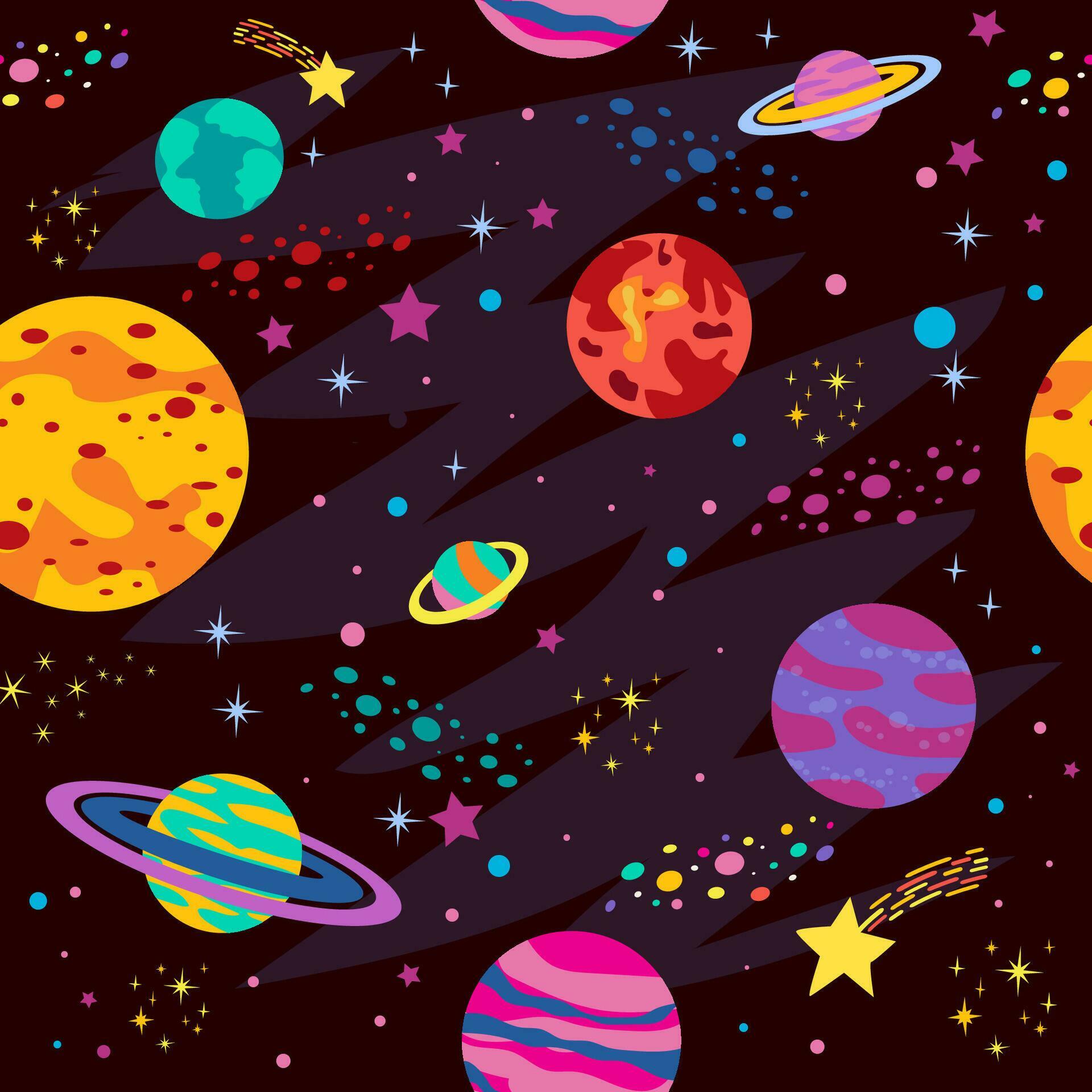 seamless pattern with space objects, planets, rockets, stars, comets, spaceships in cartoon ...