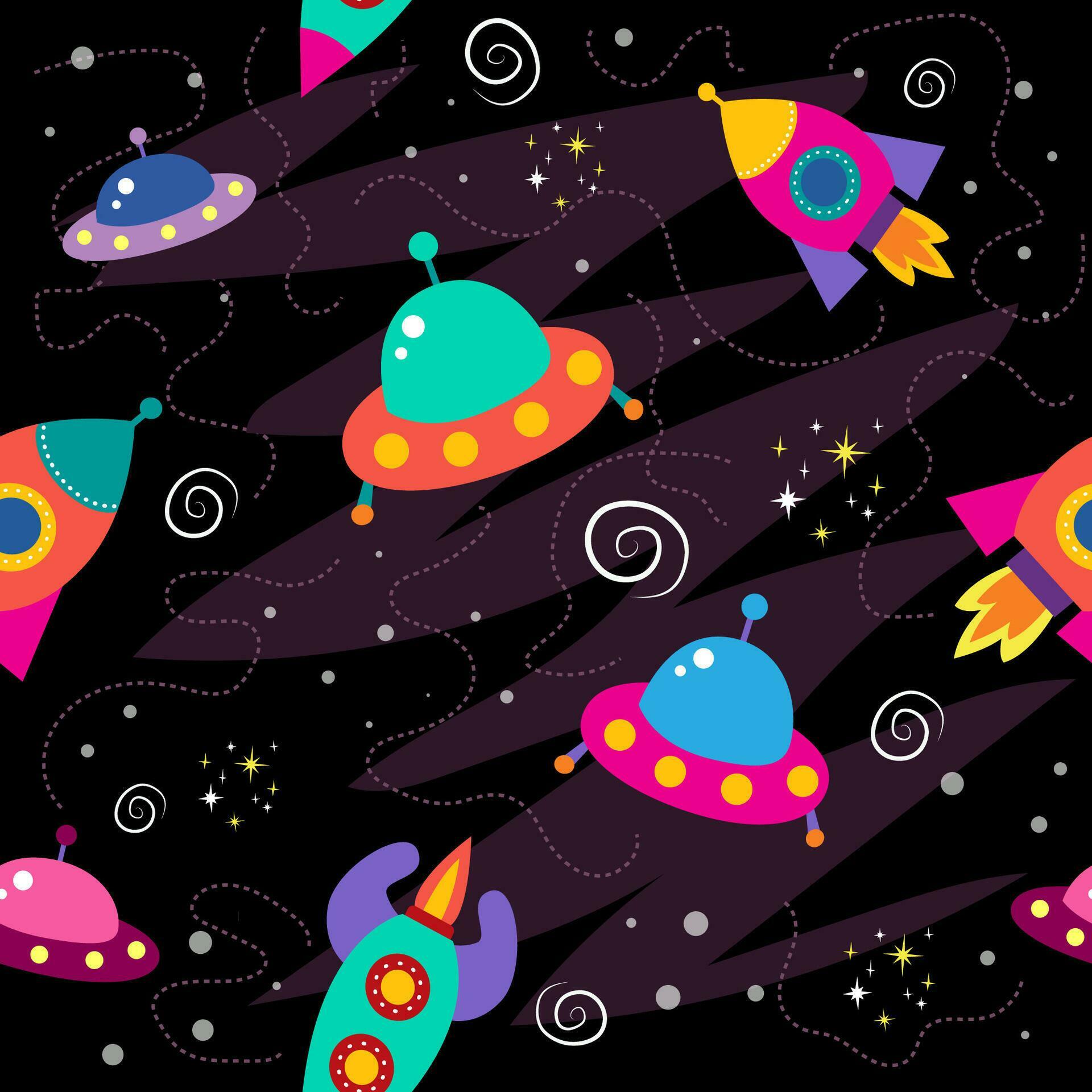 seamless pattern with space objects, planets, rockets, stars, comets, spaceships in cartoon ...