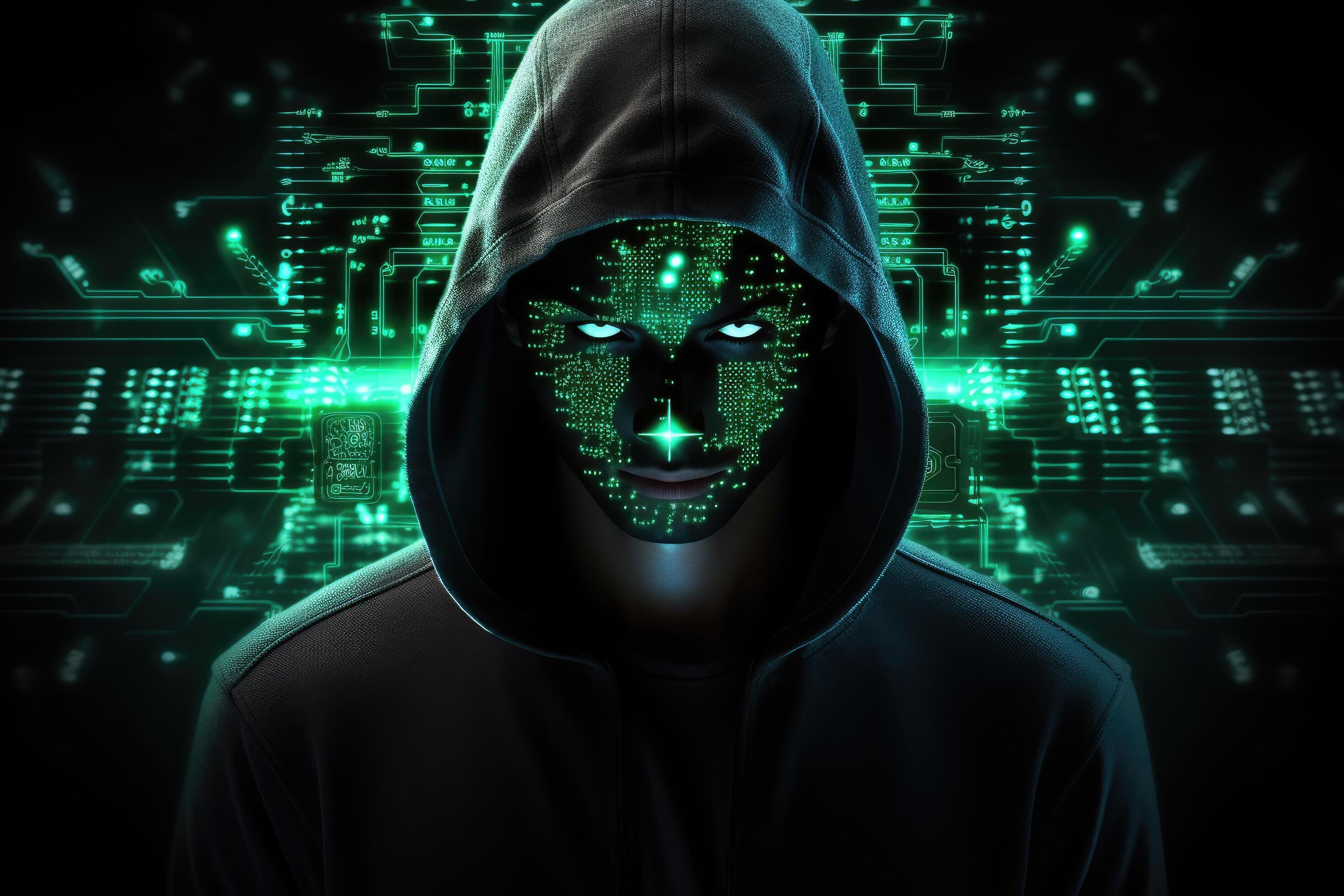 Hacker with mask and binary code on dark background 3D rendering ...
