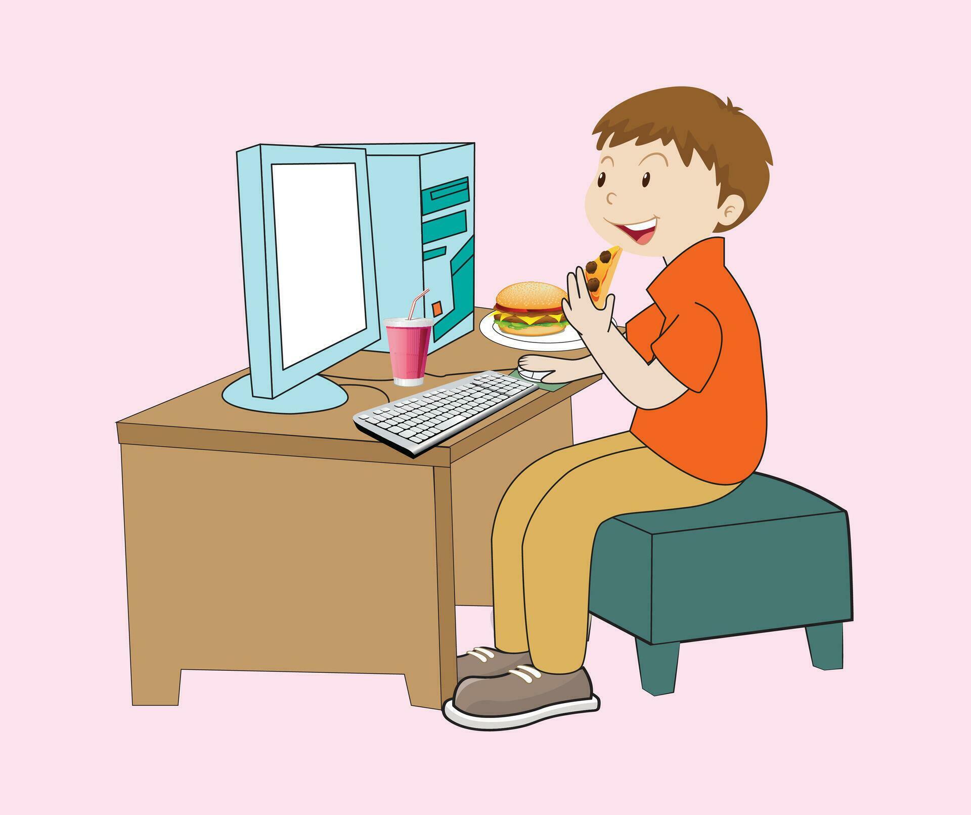 Boy eating fast food and pizza while using computer 32714376 Vector Art ...