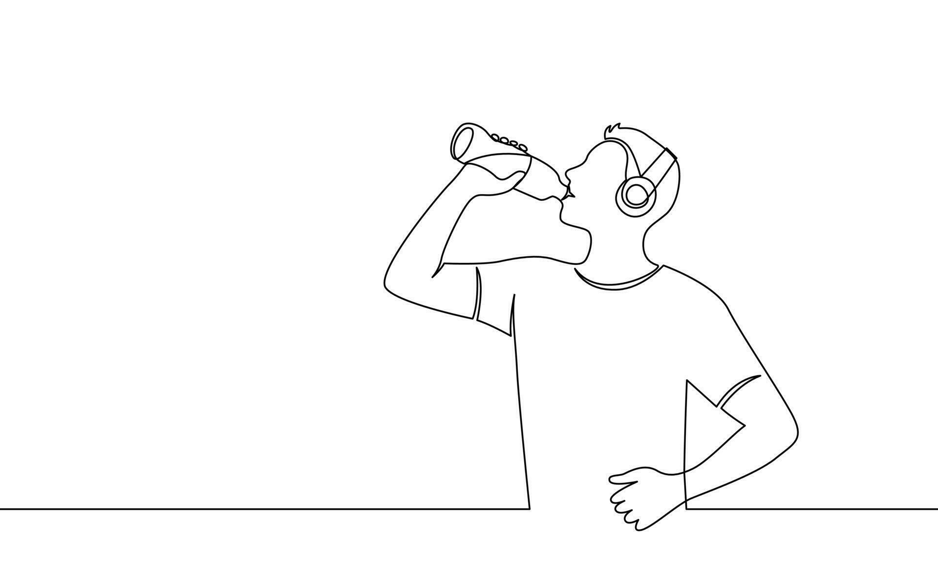 Continuous line drawing of a man drinking water from a bottle. One line contour concept of a ...