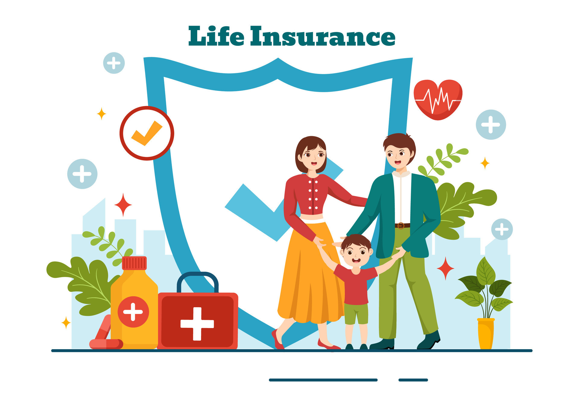Life Insurance Vector Illustration with Check Marks, Shield and Umbrella for Family Healthcare ...