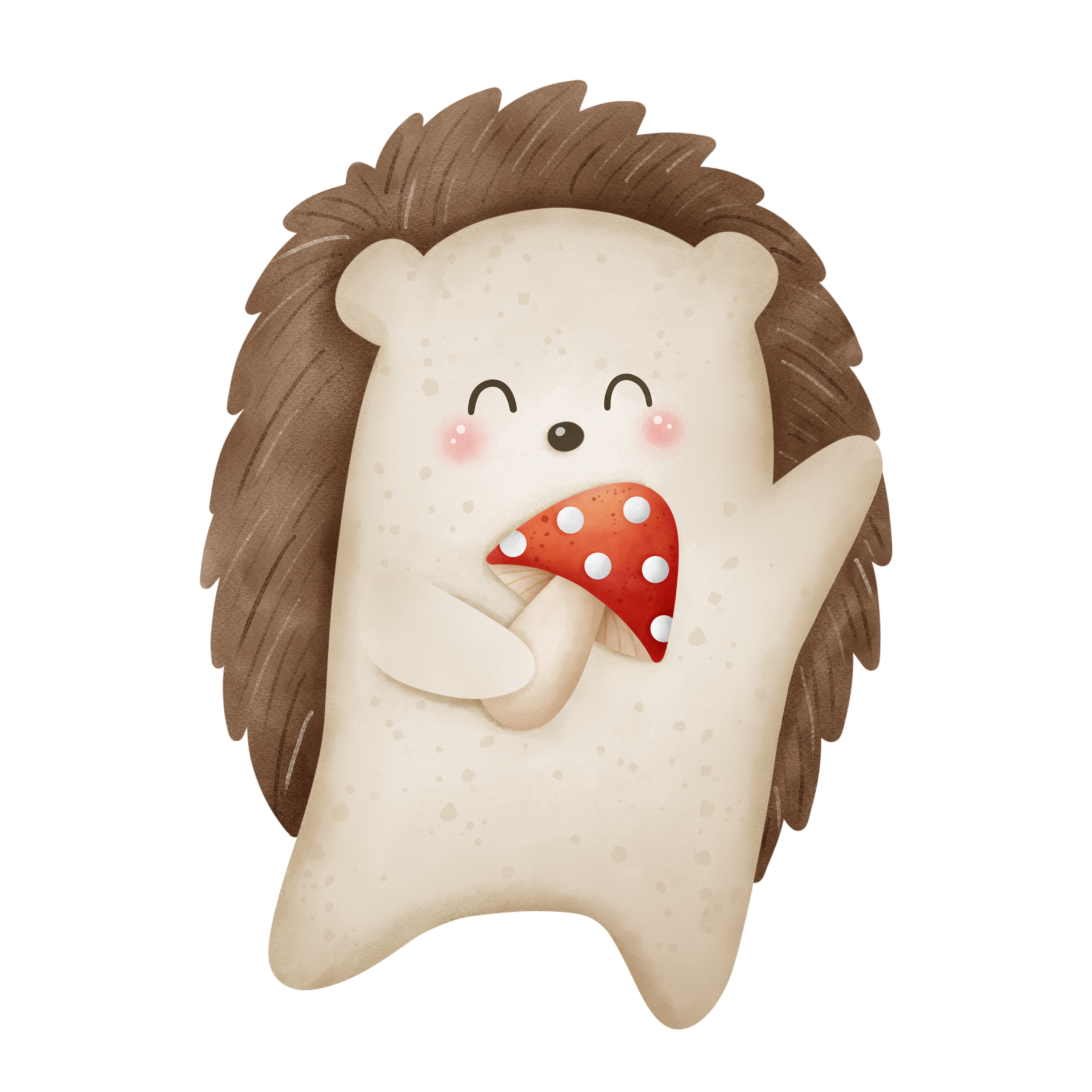 Watercolor illustration of a little hedgehog holding a red mushroom ...