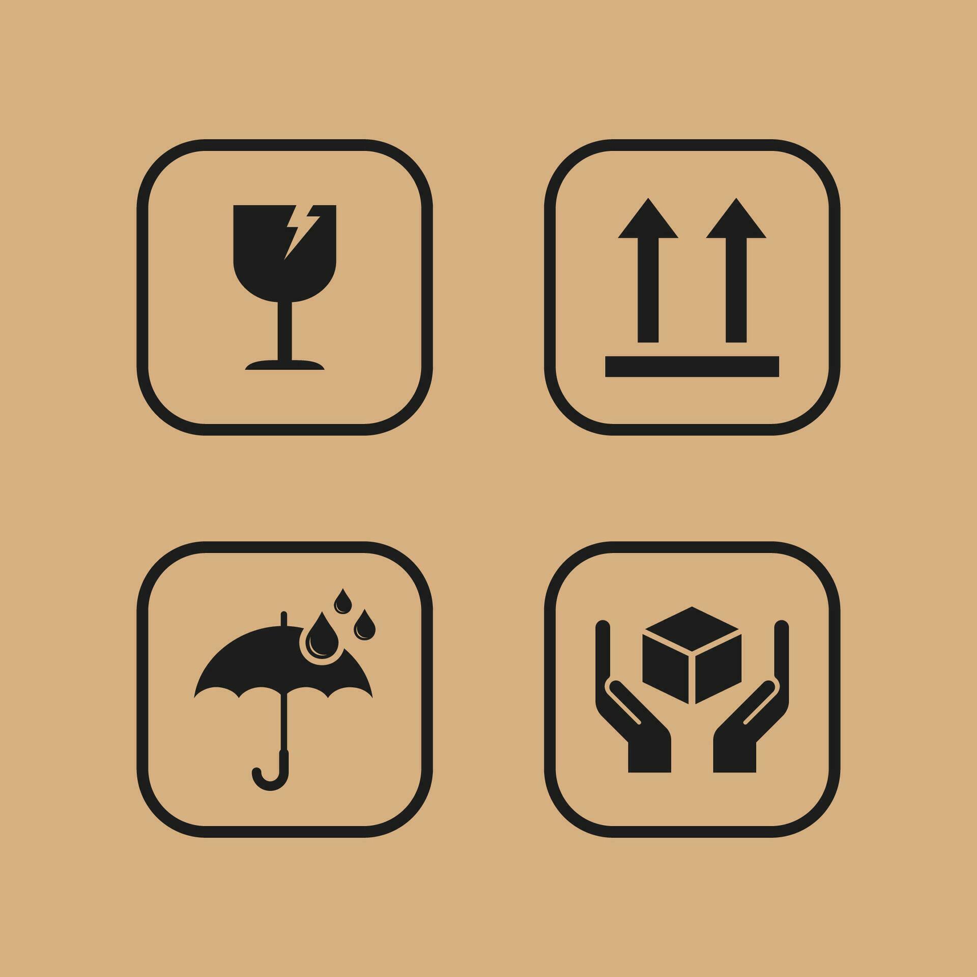 Packaging symbols set on paper box background. Collection of cargo symbols, packaging icons ...