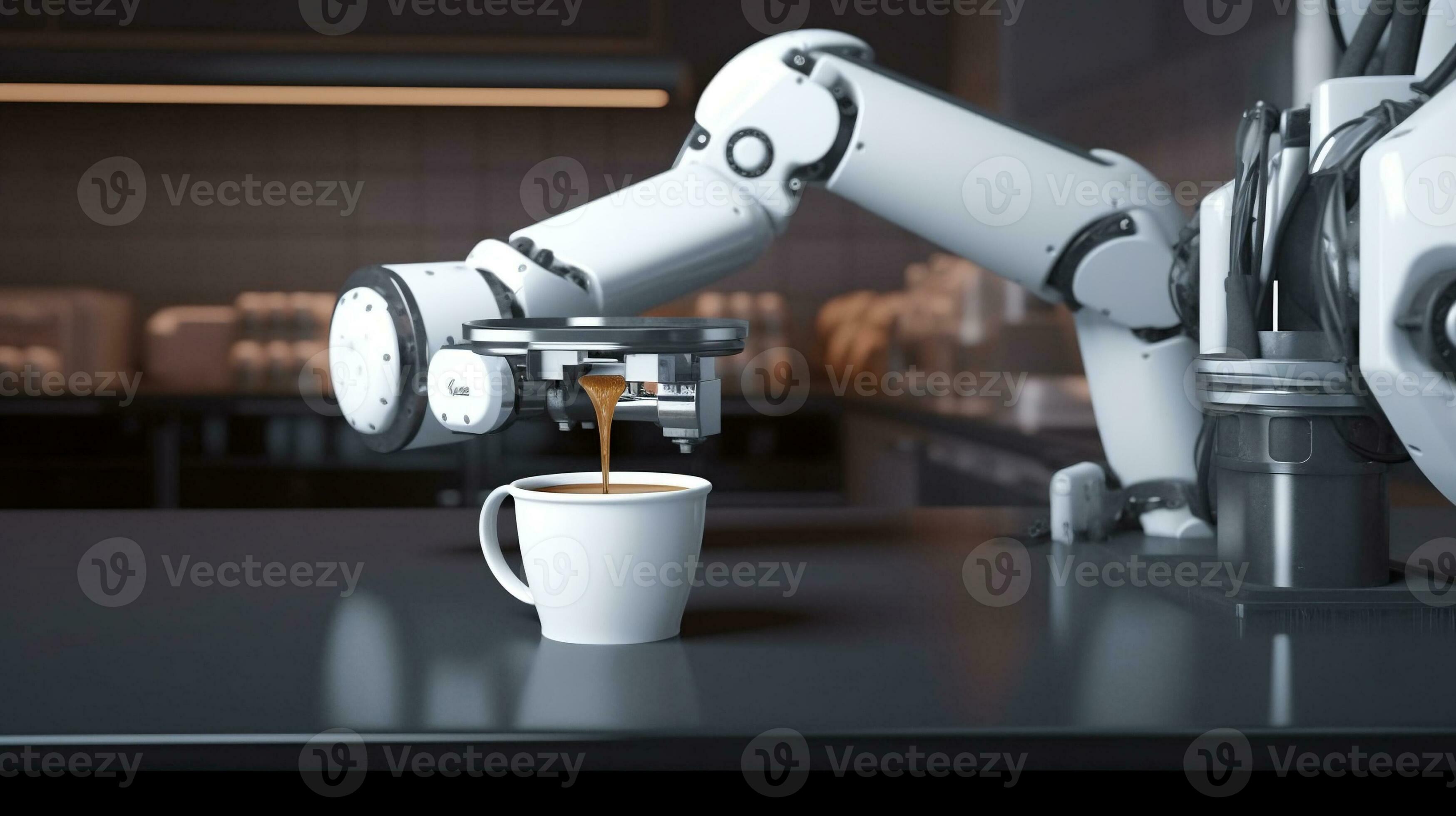 Robot arm serving hot coffee in a coffee shop. created with Generative ...