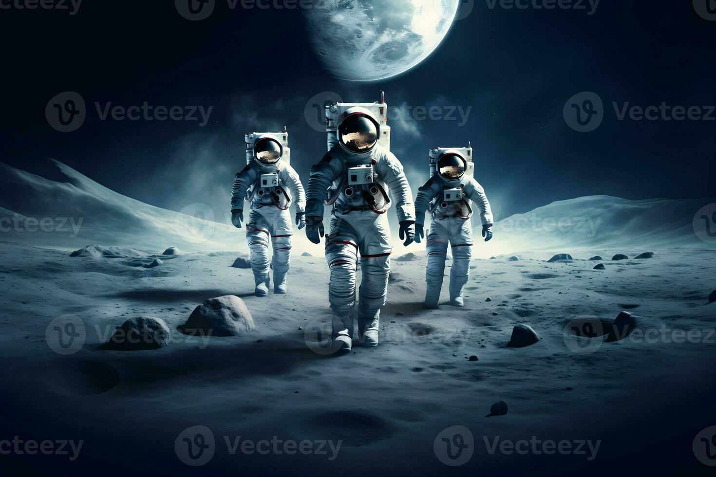 Three spacemen or astronauts walking on the moon. 32744632 Stock Photo at Vecteezy