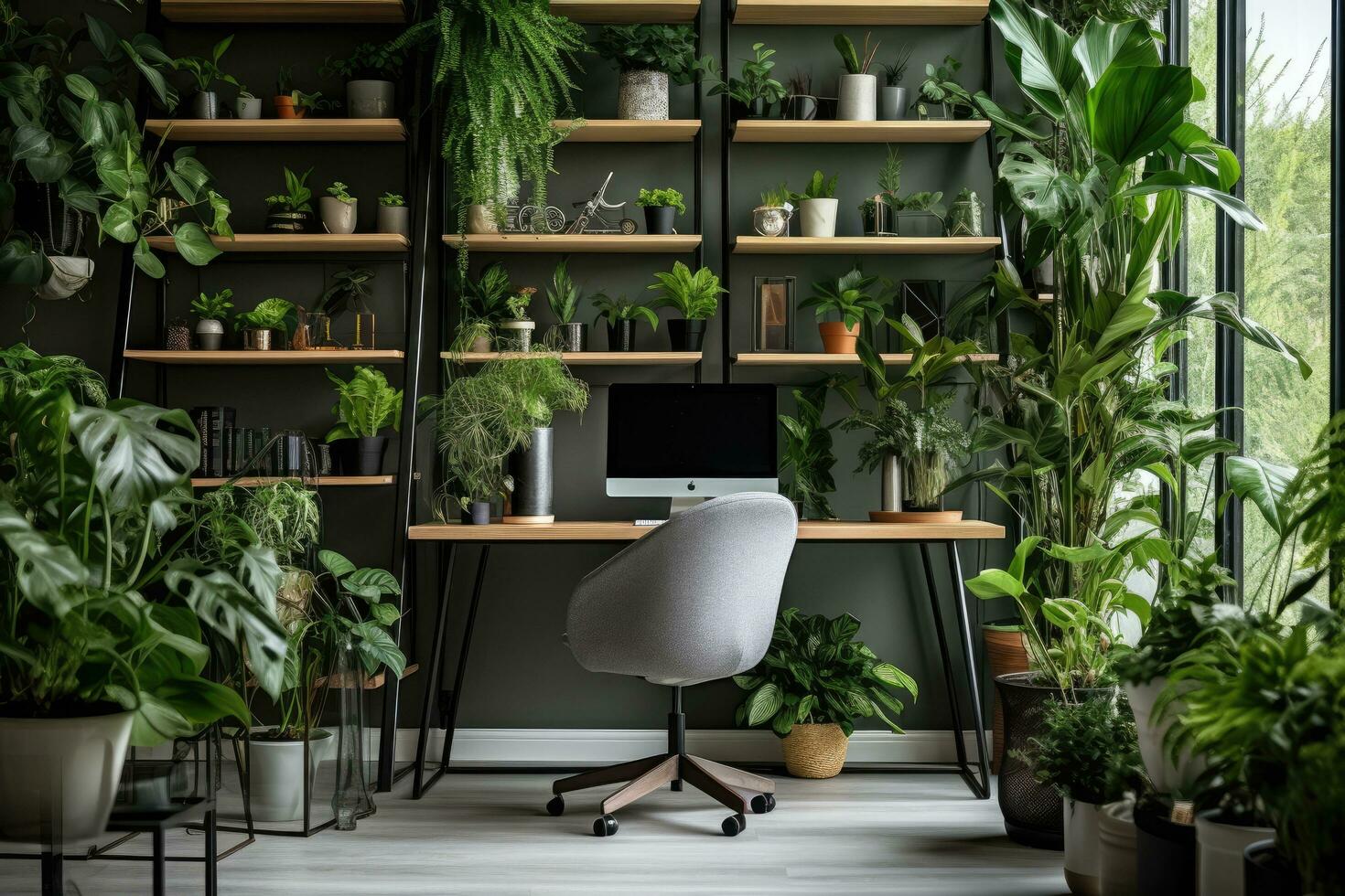 Interior of modern office with plants and computer. Workplace concept ...