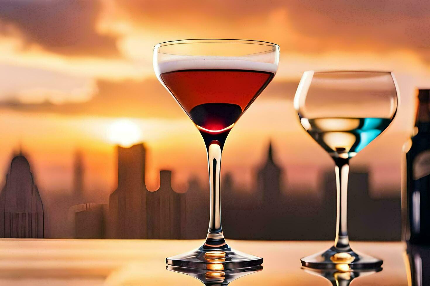 Two Glasses Of Wine And A Bottle Of Wine On A Table In Front Of A City Skyline Ai Generated