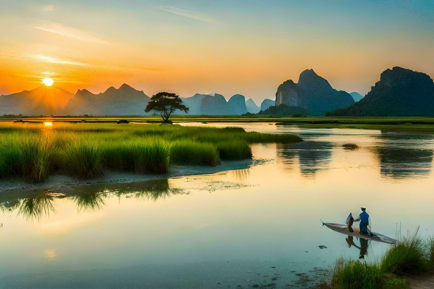 the li river, china, sunset, sunrise, mountains, river, nature, landscape,. AI-Generated ...