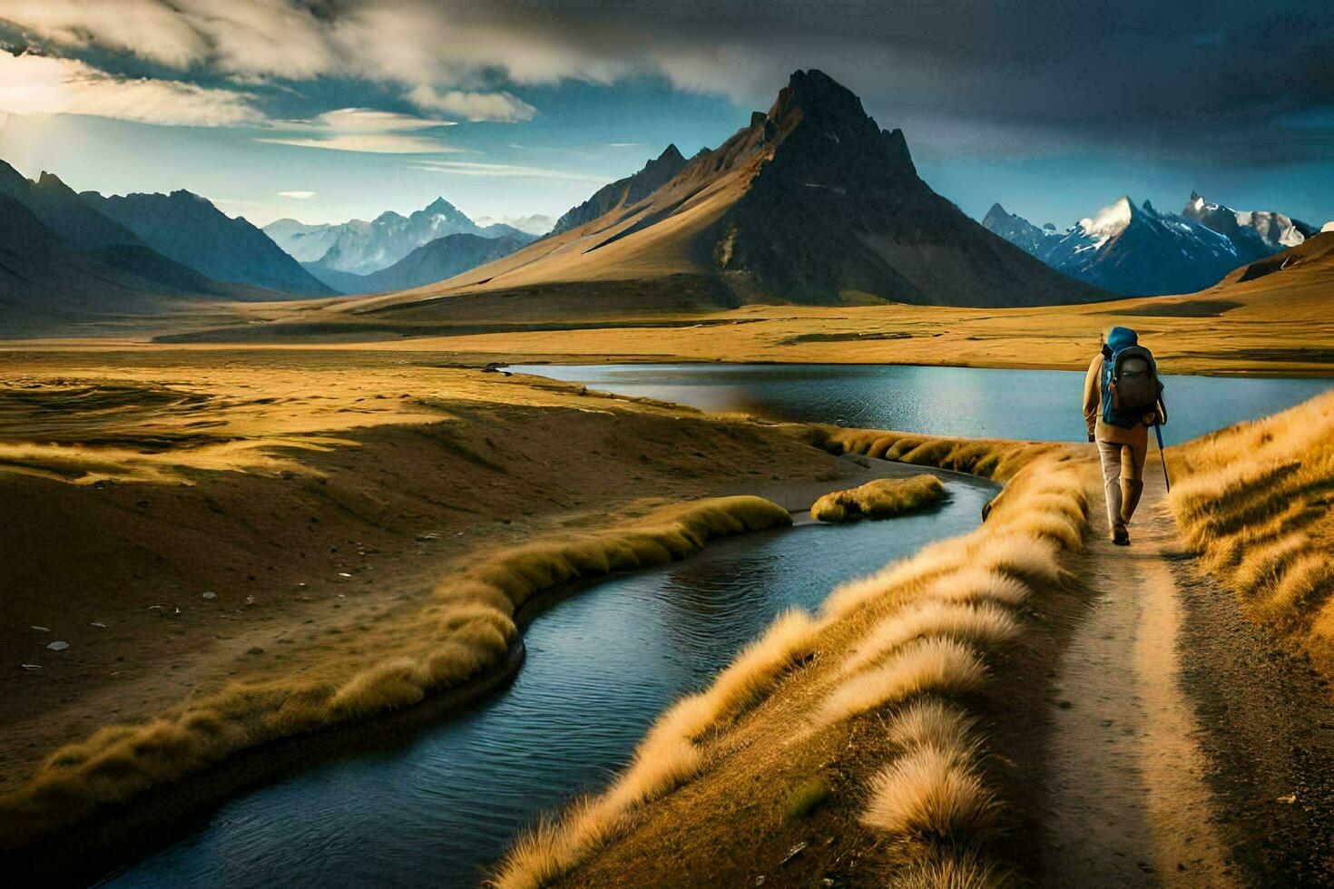 the man is walking on the path in the middle of the river. AI-Generated ...