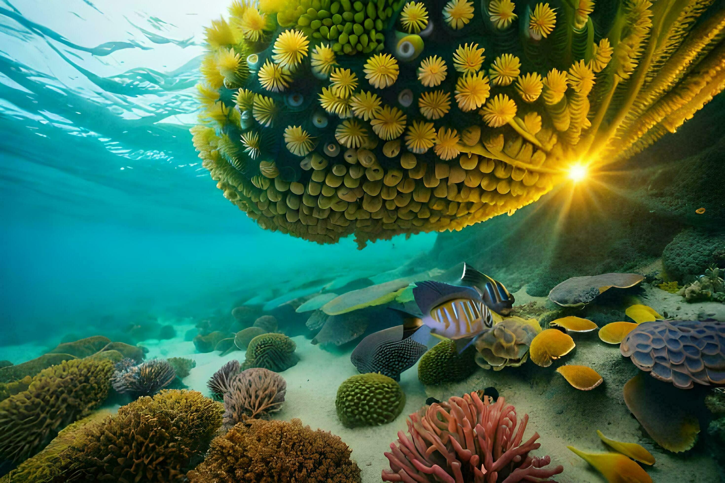 el Dom brilla terminado un coral arrecife y pez. generado por ai 32817463 Foto de stock en Vecteezy