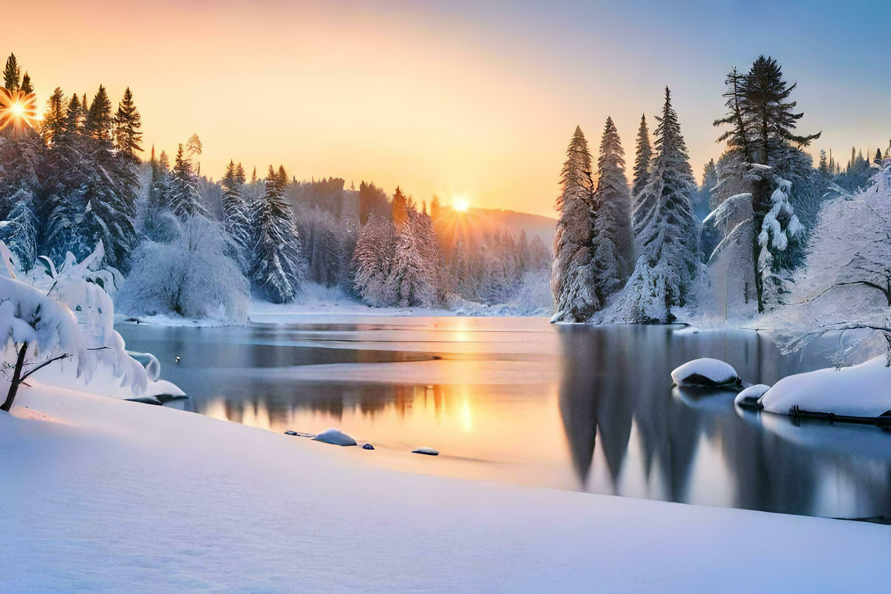 a beautiful winter scene with snow covered trees and a lake. AI-Generated 32820006 Stock Photo ...