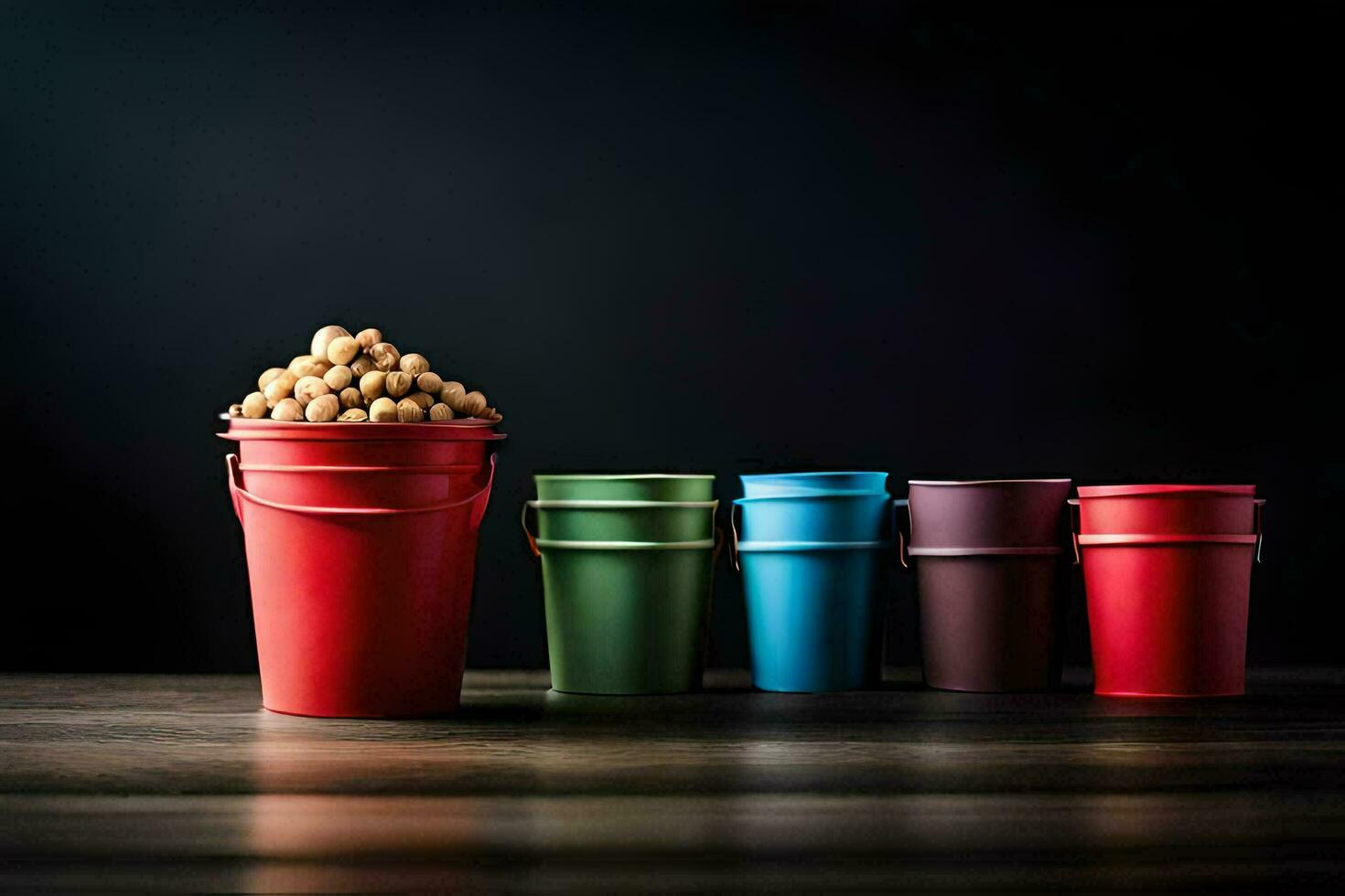 a row of colorful buckets with peanuts in them. AI-Generated 32823799 Stock Photo at Vecteezy