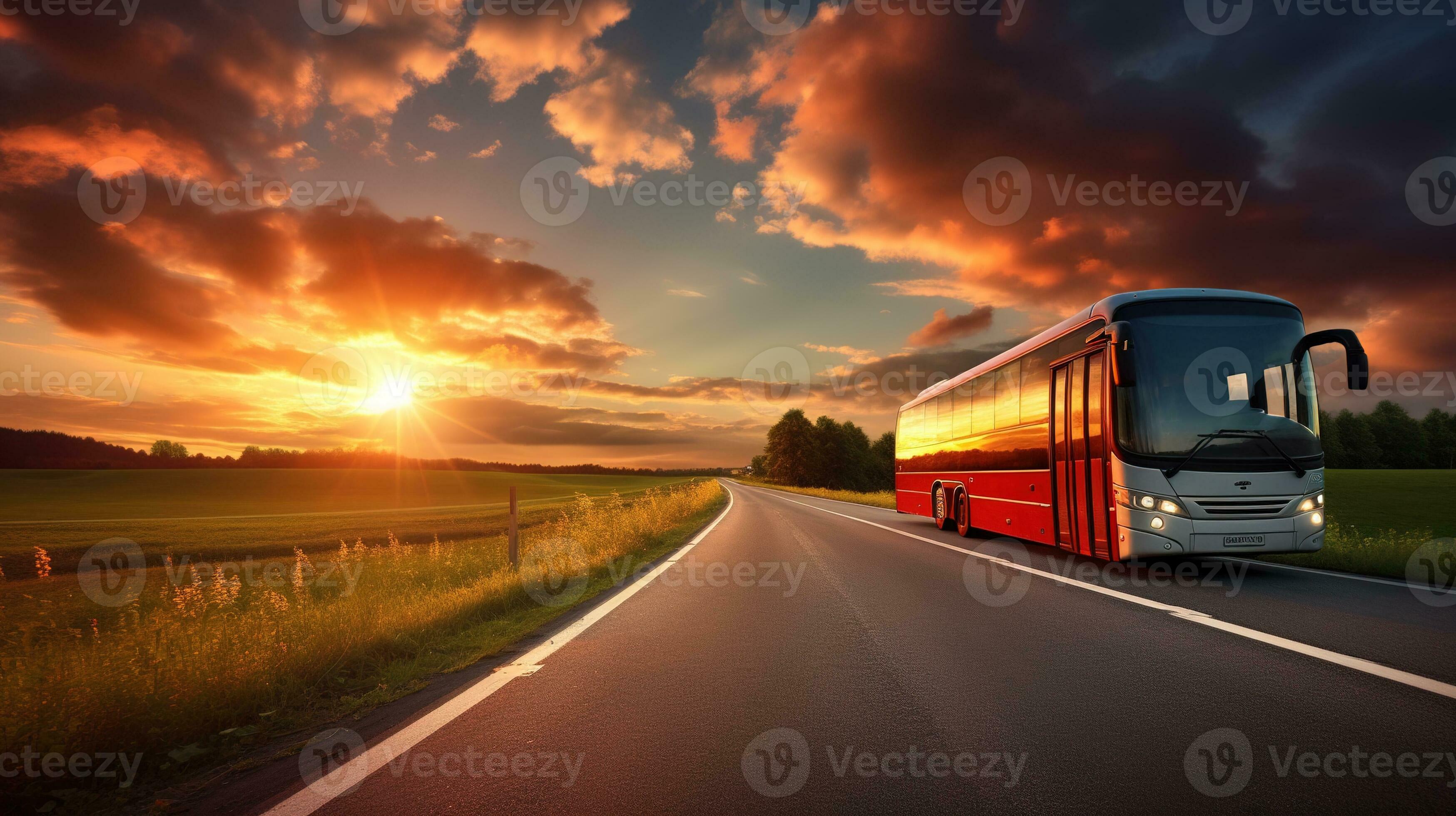 a red bus driving down the road at sunset. generative ai 32840707 Stock Photo at Vecteezy