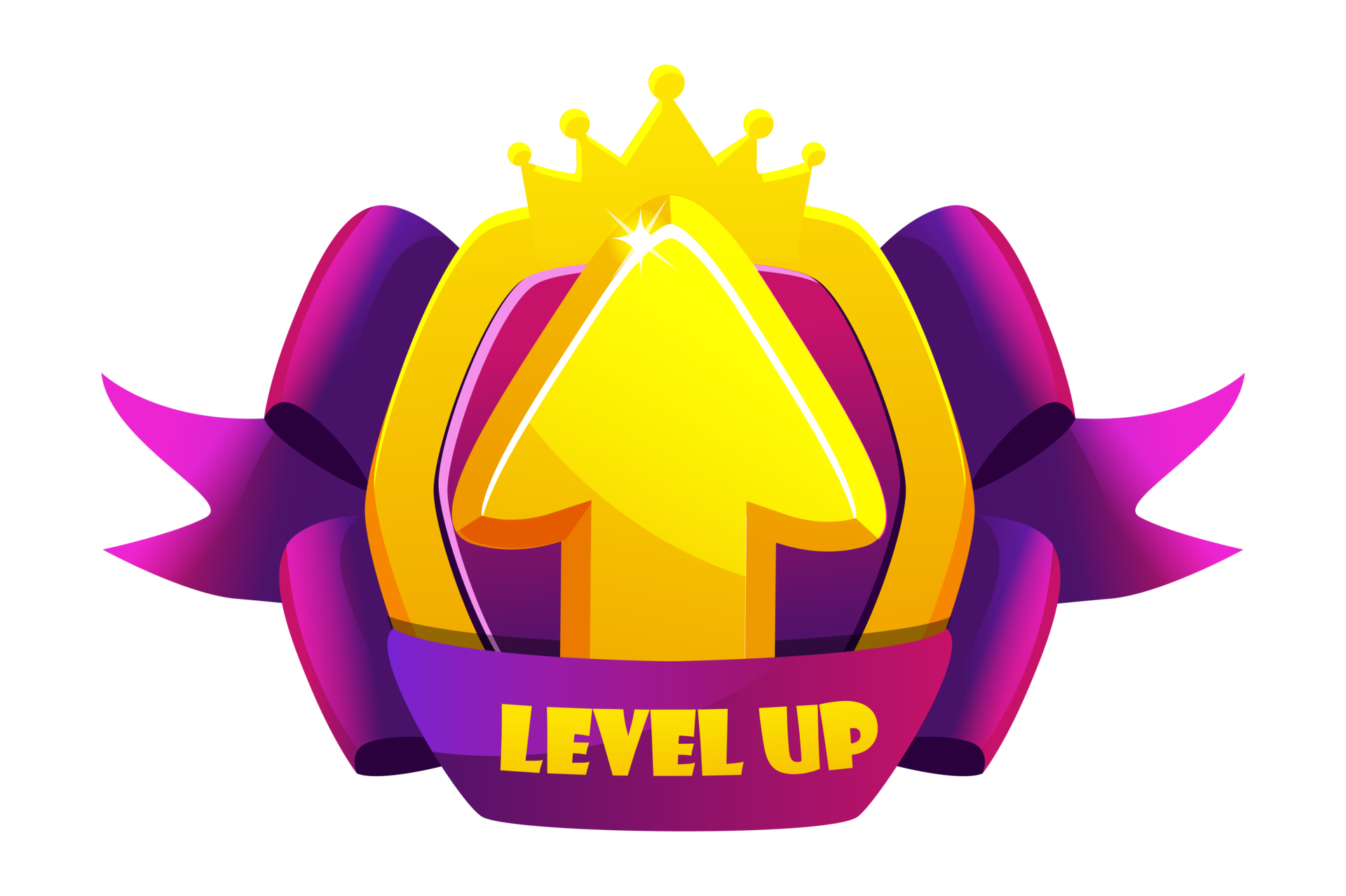 Game level up badge icon. Bonus rank reward emblem with golden raising arrow, violet award ...