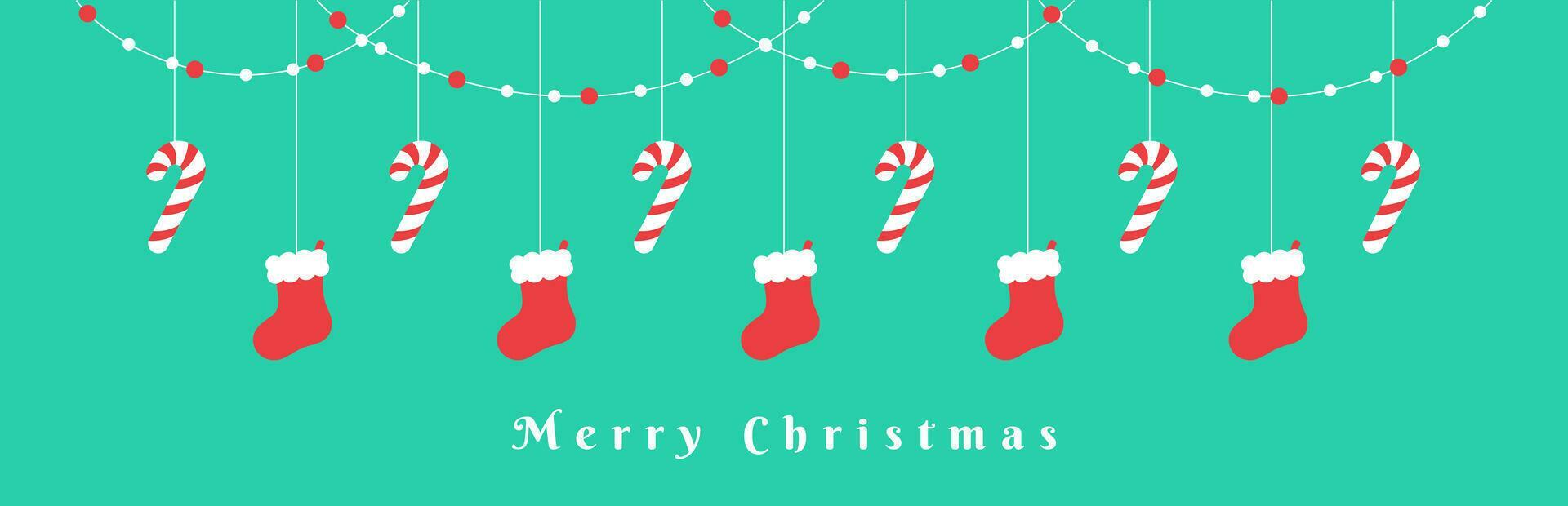 Merry Christmas Border Banner Hanging Santa Stocking And Candy Cane Garland Winter Holiday
