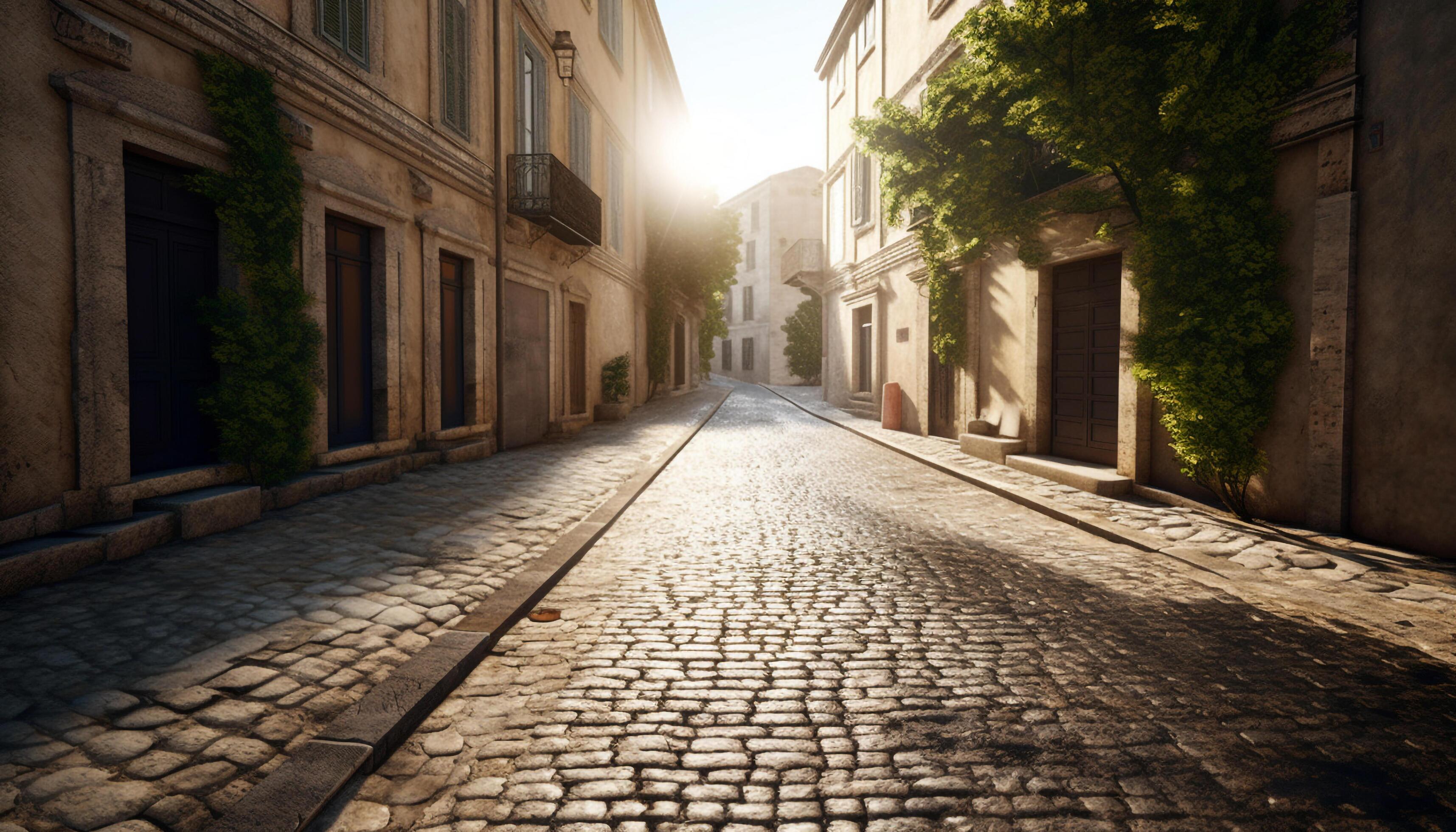 Old fashioned building exterior with cobblestone footpath, ancient wall, and narrow window ...