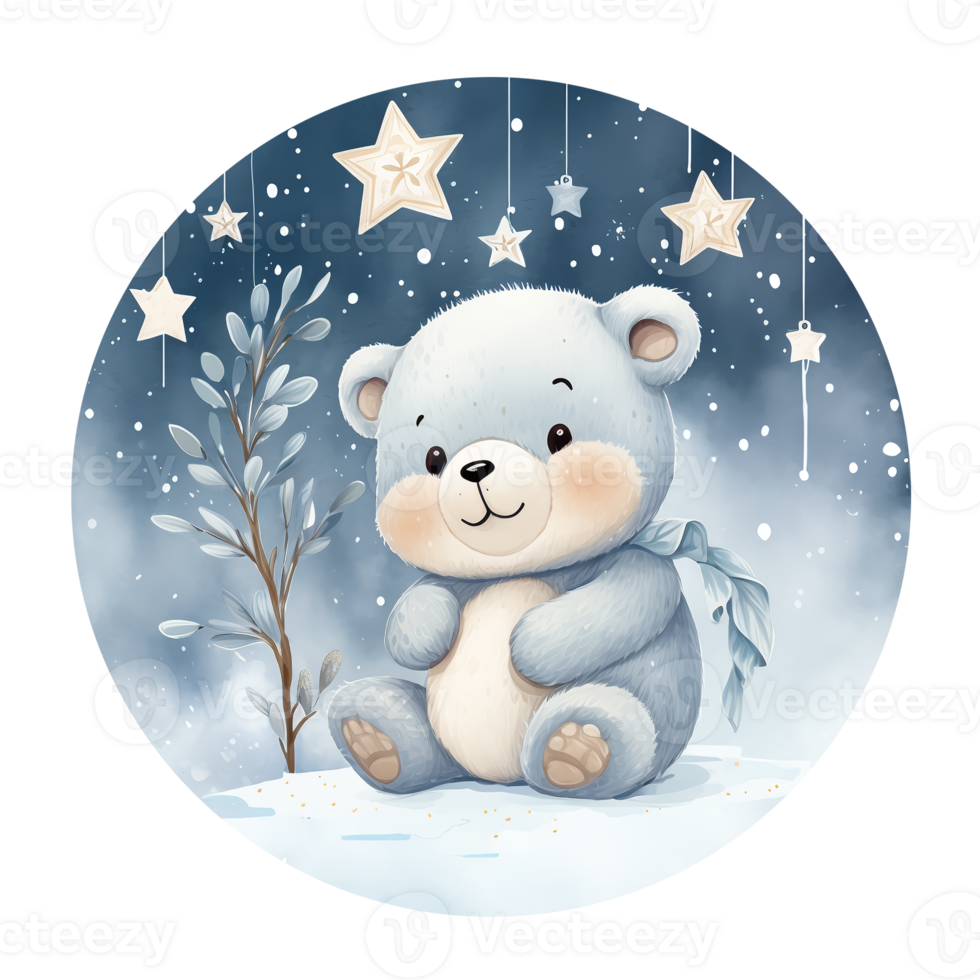 Christmas Polar Bear Cute White Bear In A Scarf Sitting On The Snow Surrounded By Stars And