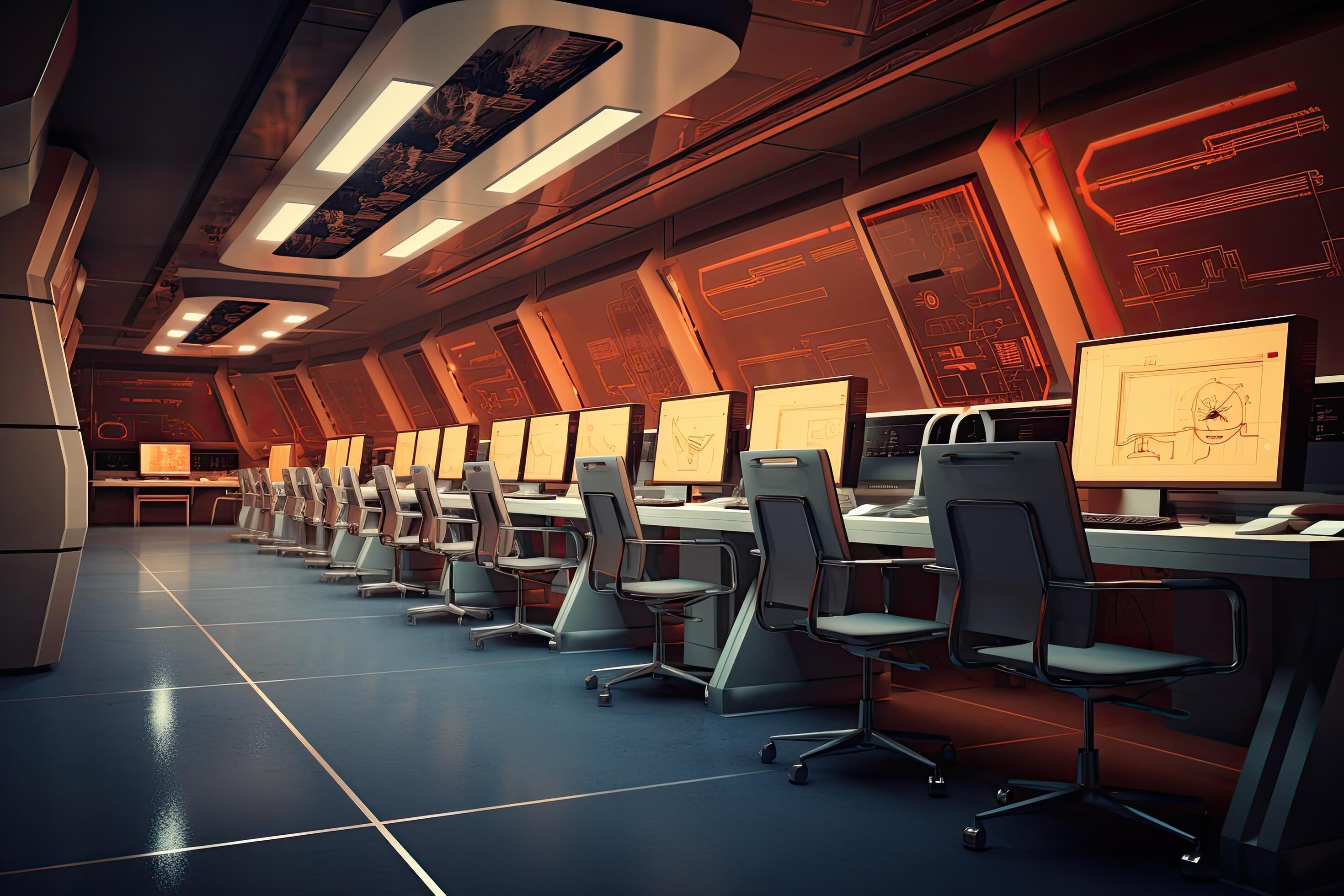 Interior of a modern conference room. 3d rendering toned image, Interior of a modern computer ...