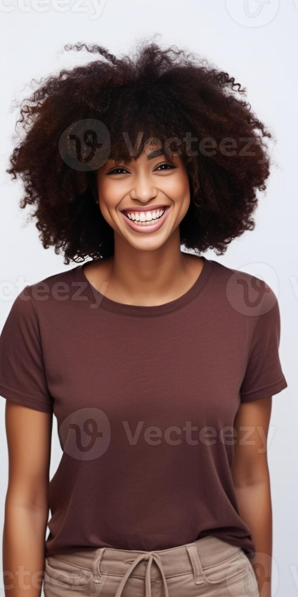 Portrait Of Curly Brunette African Darkskinned Woman In Beige Top