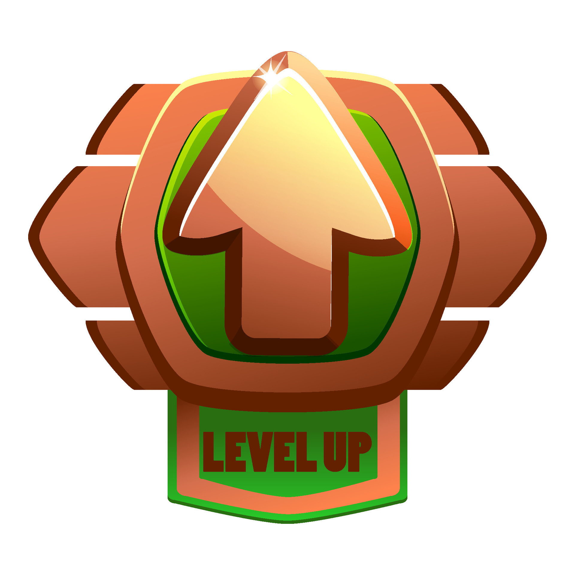 Game bronze level up badge and win icon, shield banner of completed level. Level up icon with a ...